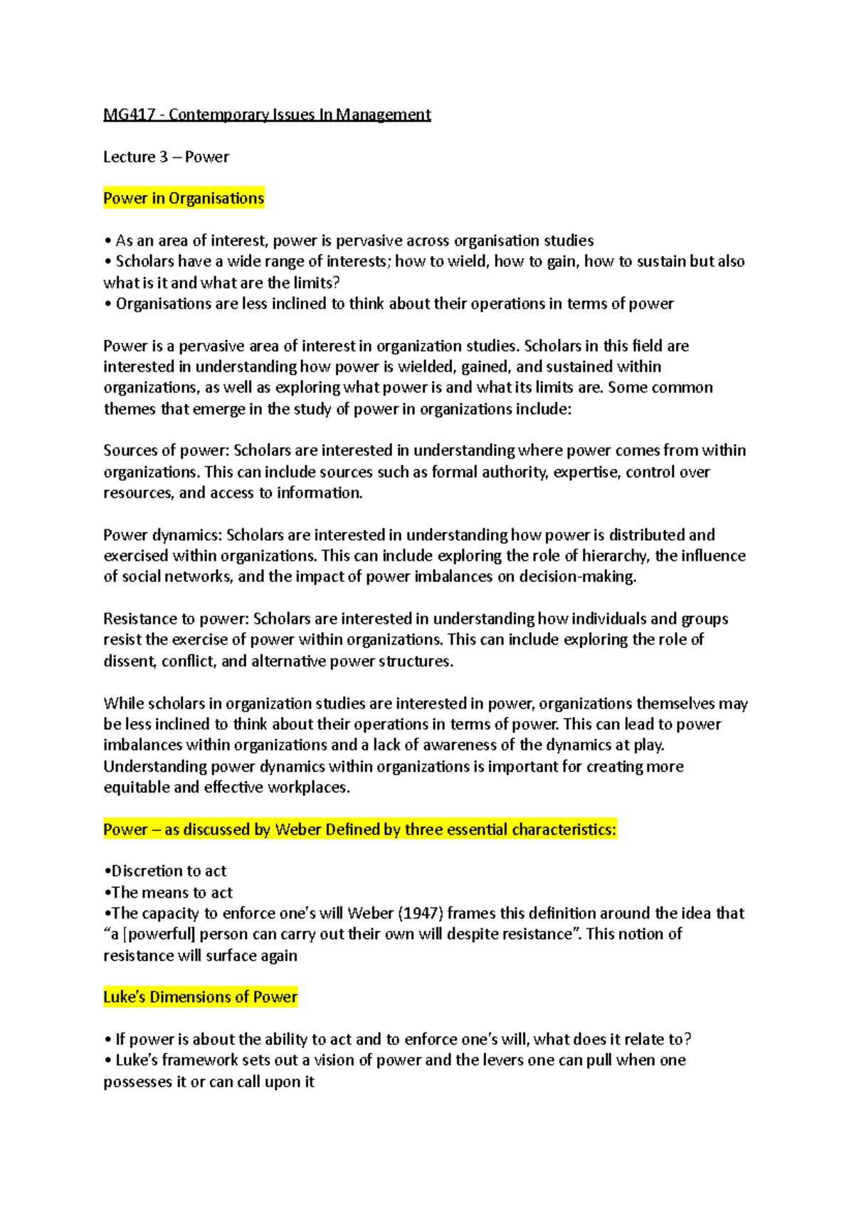 Lecture 3 – Power - MG417 - Contemporary Issues In Management Lecture 3 – Power Power in - Studocu