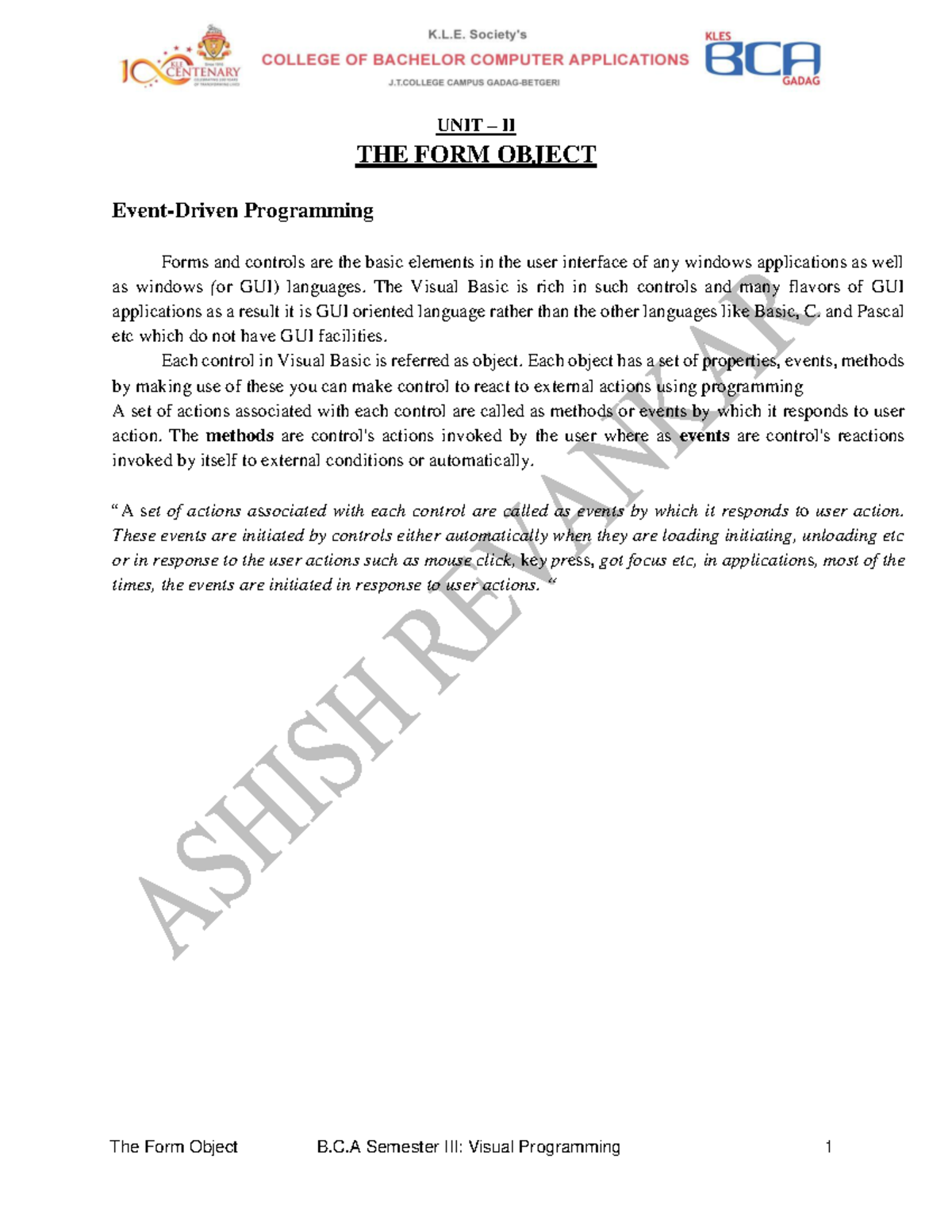 VB UNIT - II - IAM A COMPUTER STUDENT - UNIT – II THE FORM OBJECT Event ...