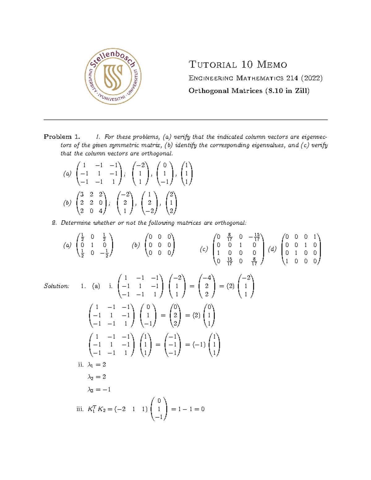 Memo 10 Tutorial Memo For Engineering Maths 214 Differential Equations Tutorial 10 Memo