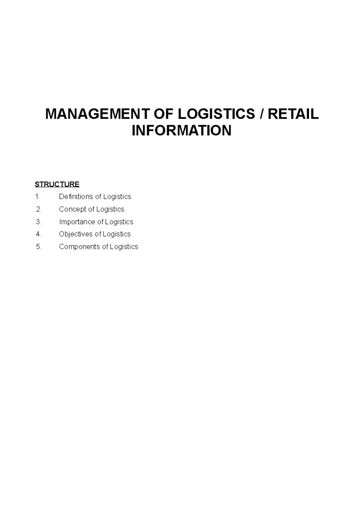 Management of Logistics and Retail - MANAGEMENT OF LOGISTICS / RETAIL ...
