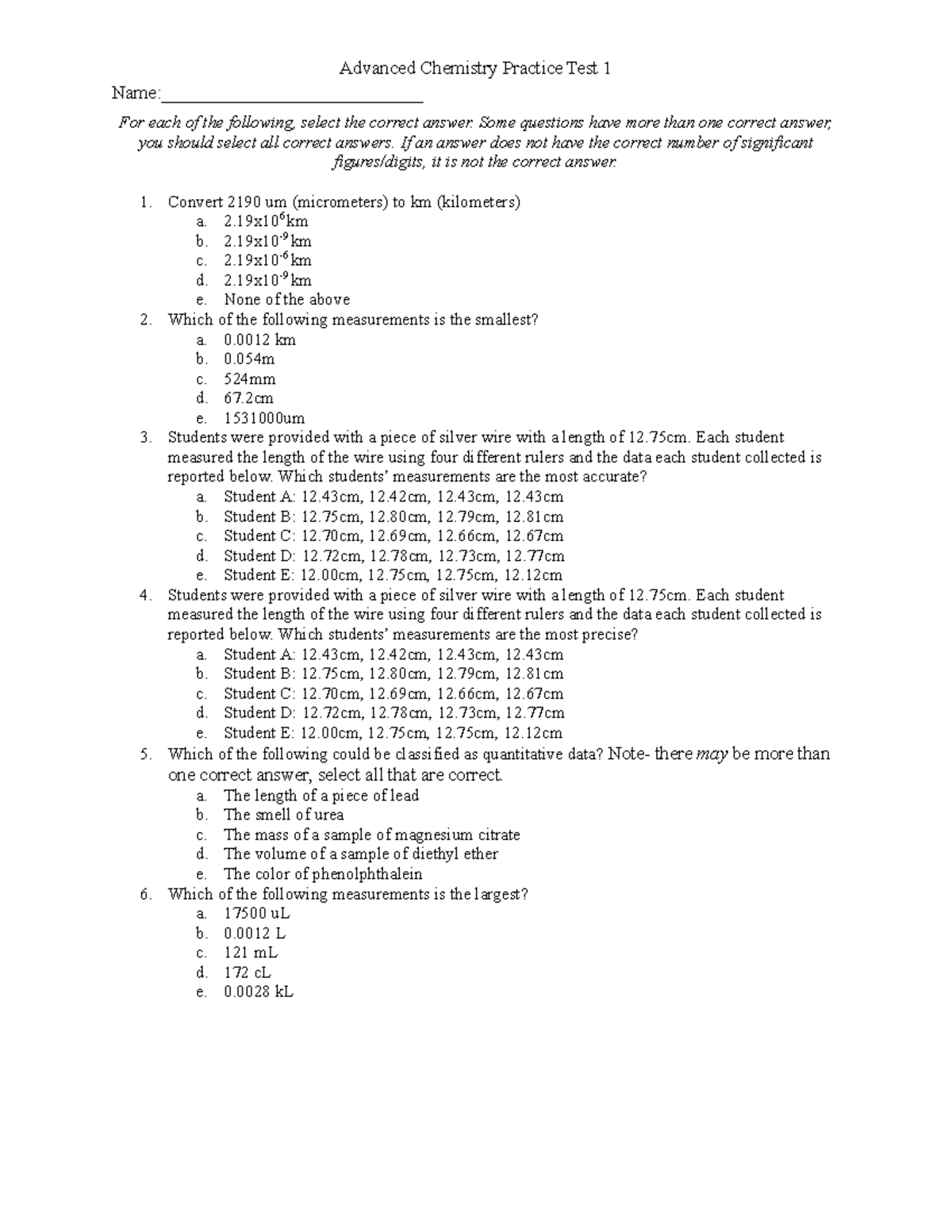 Measurement Practice Test - Advanced Chemistry Practice Test 1 Name