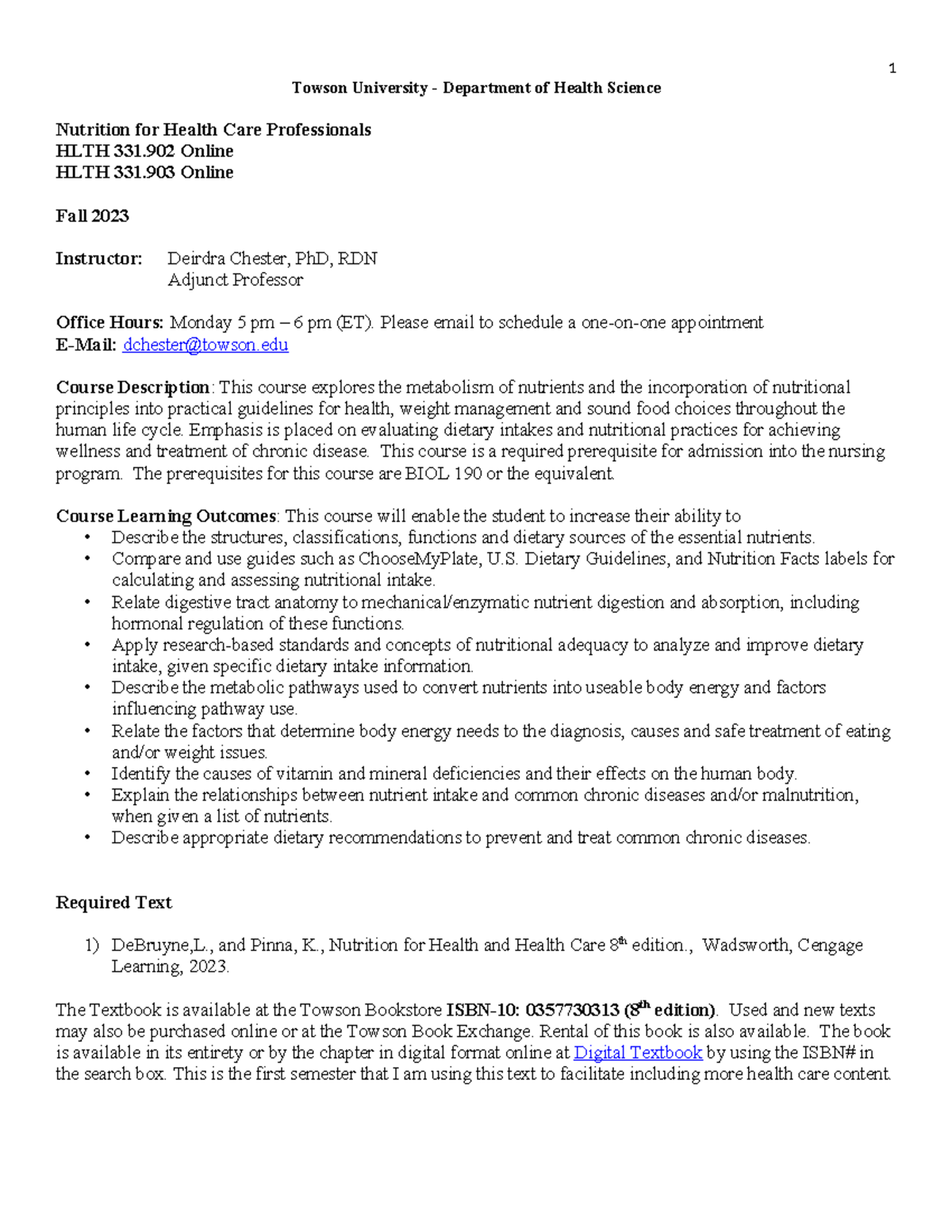 Nutrition Syllabus - Towson University - Department of Health Science ...