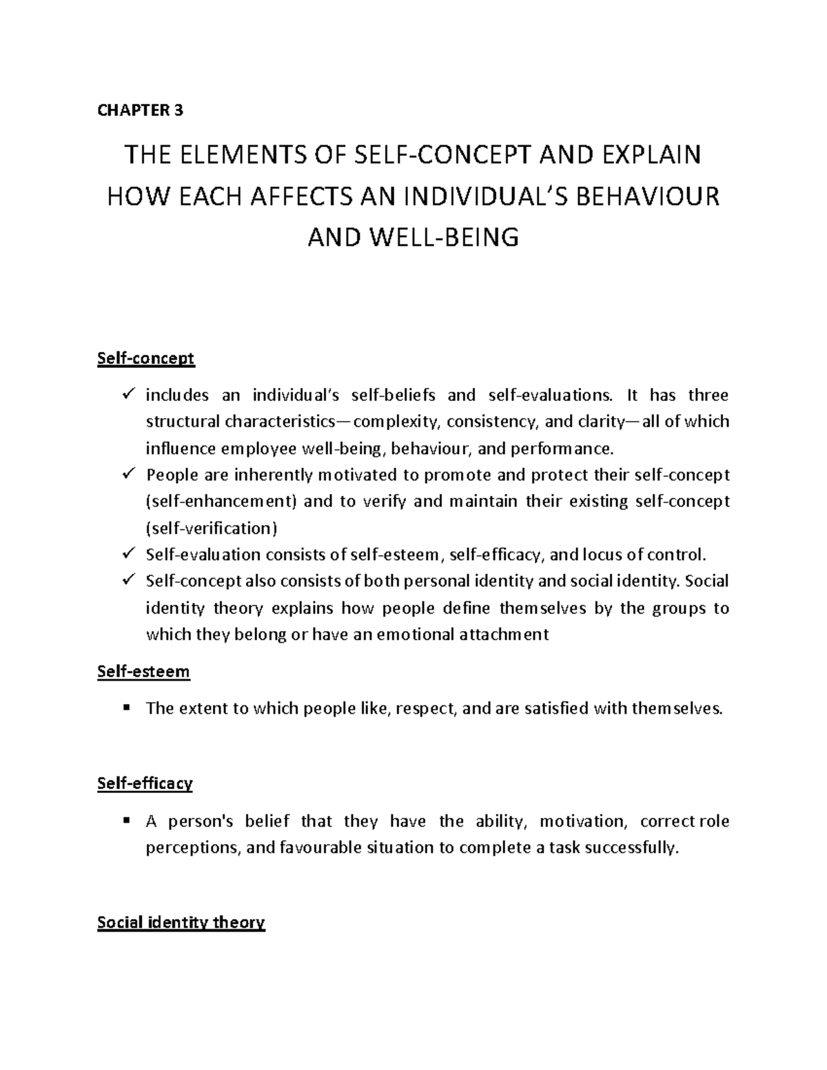 OB Chapter 3 - CHAPTER 3 THE ELEMENTS OF SELF-CONCEPT AND EXPLAIN HOW ...