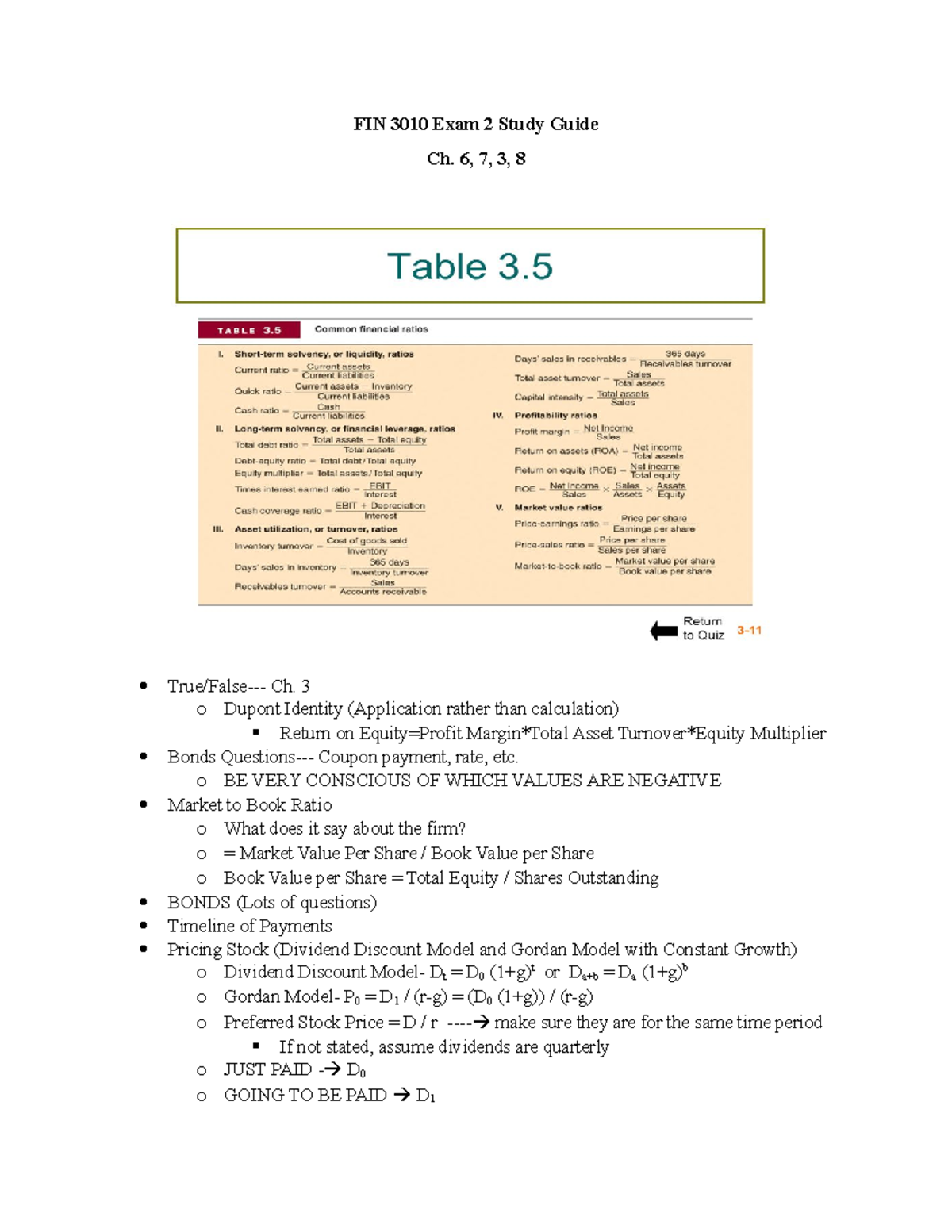 Exam 2 Study Guide- Bidisha Chakrabarty - FIN 3010 Exam 2 Study Guide ...