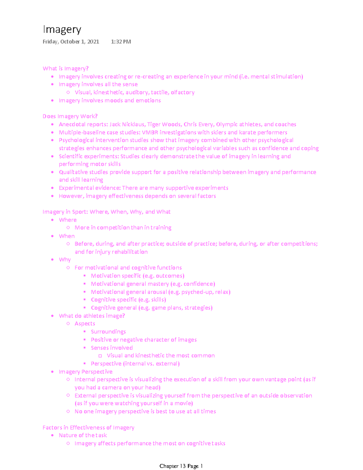 Imagery Notes Psych 380 - What is Imagery? - Imagery involves creating ...