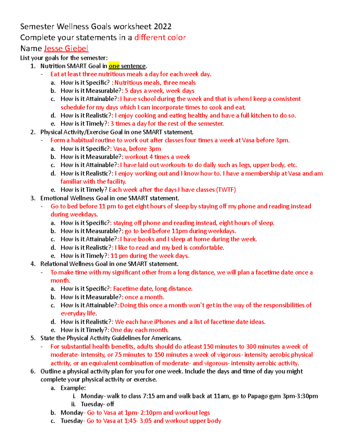 Semester Smart Goal- Jesse Giebel - Semester Wellness Goals worksheet ...