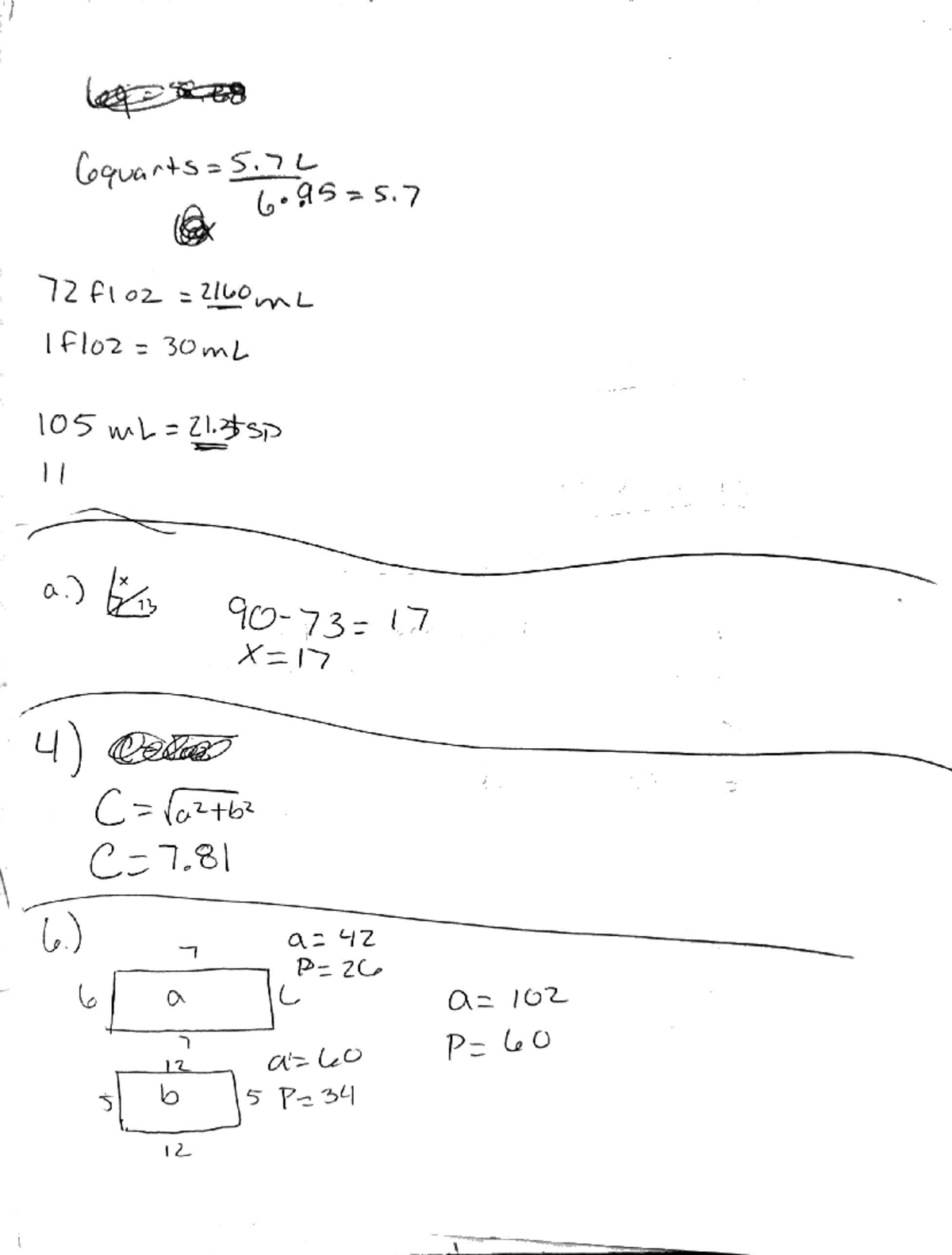 Chapter 7 Math Test Worksheet - 08 Gouants = 5 6.95=5 72f102 = 2160 mL ...