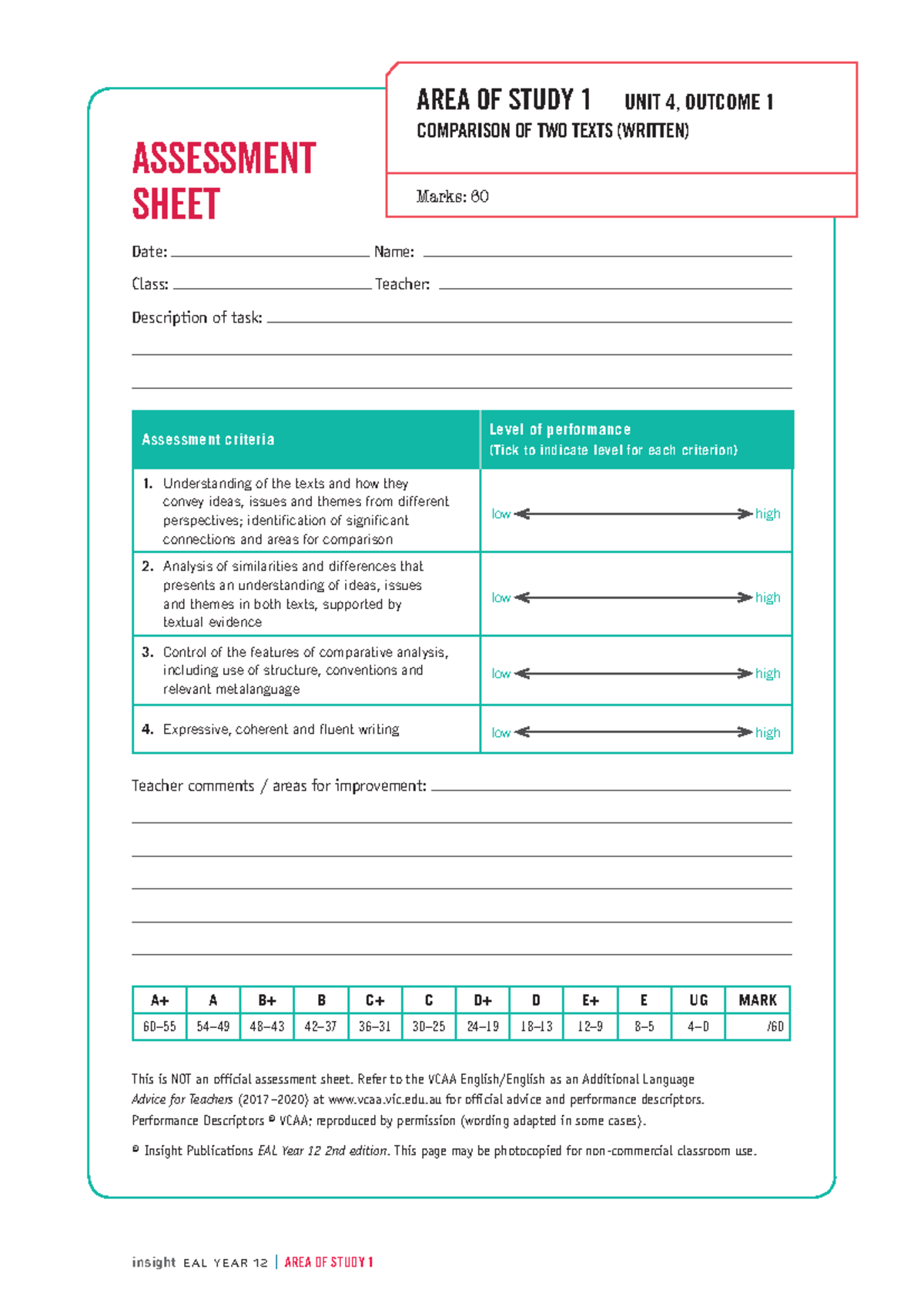 Area of Study 1 Unit 4 Outcome 1 assessment sheet - insight E A L Y E A ...