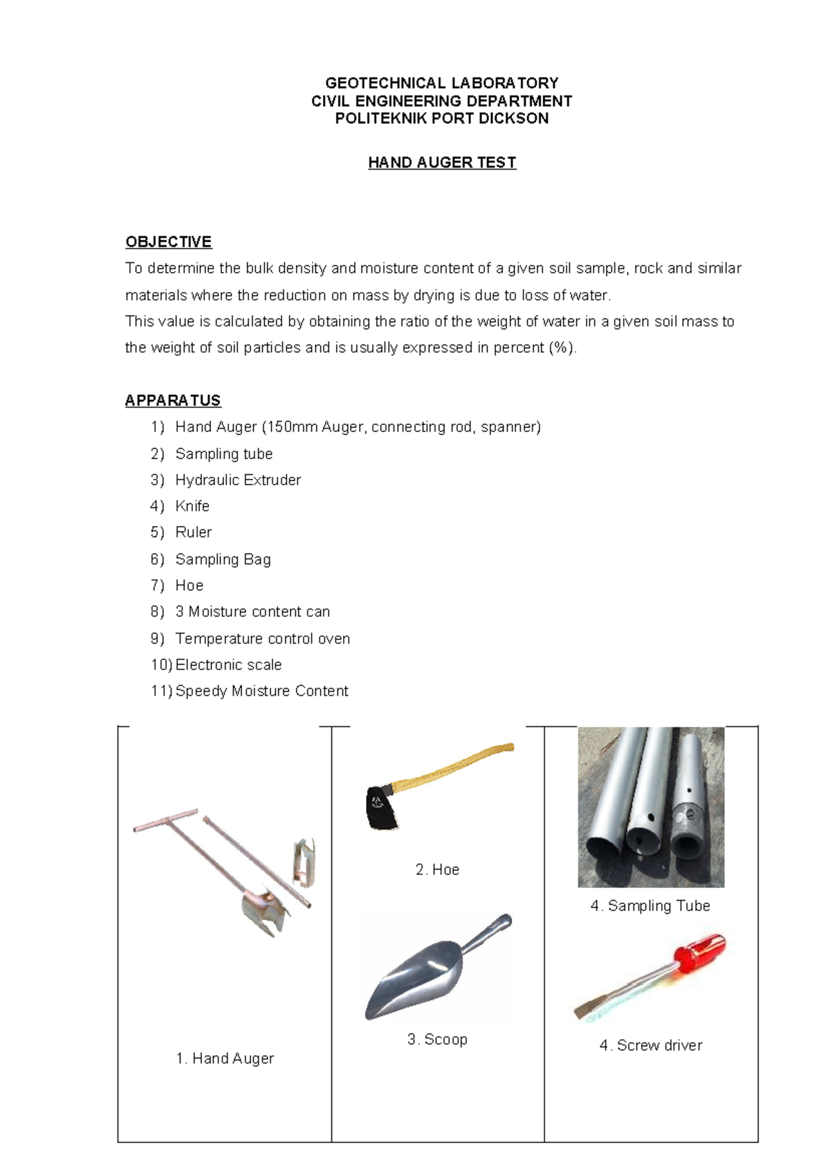 Hand Auger Method - GEOTECHNICAL LABORATORY CIVIL ENGINEERING ...