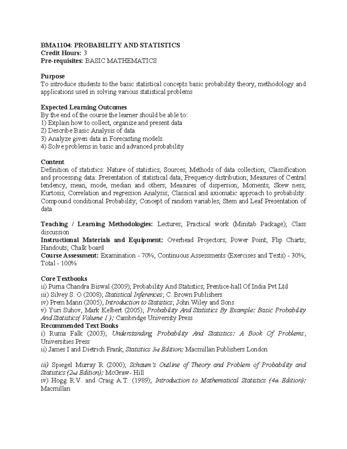 BMA1104 Probability and Statistics I - BMA1104: PROBABILITY AND STATISTICS Credit Hours: 3 - Studocu