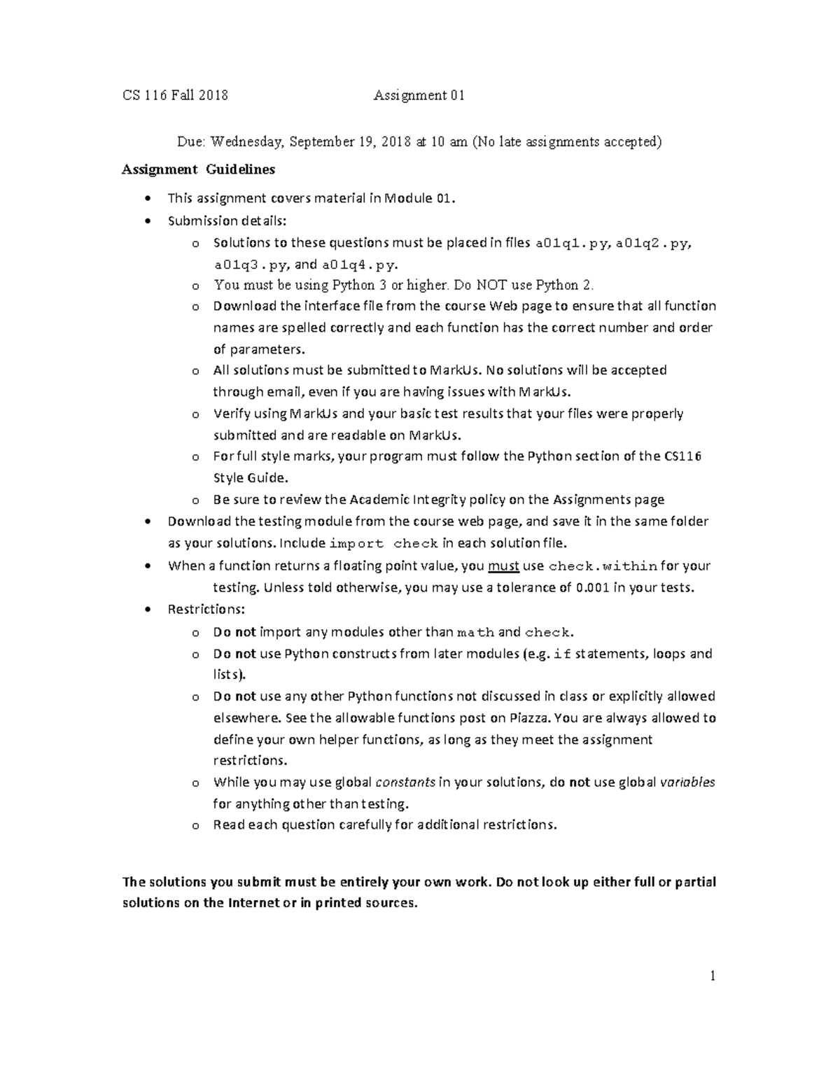 Questions 1 - CS 116 Fall 2018 Assignment 01 Due: Wednesday, September ...