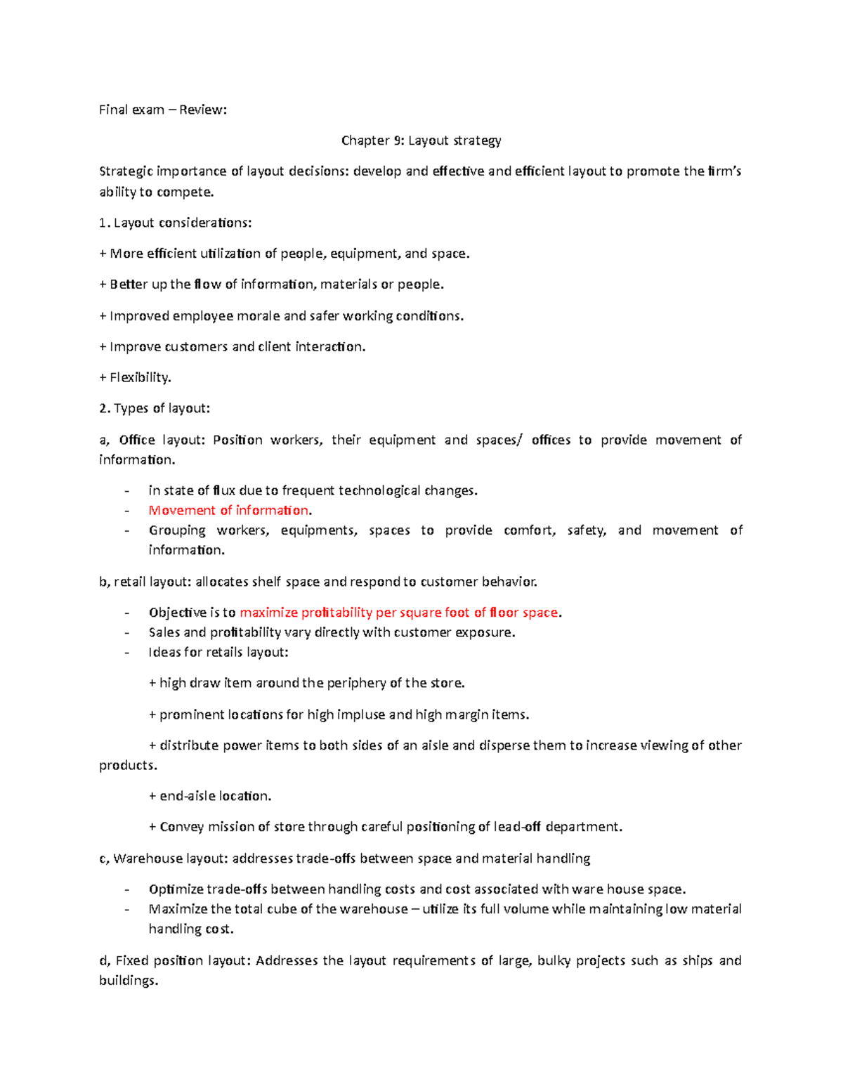 Final exam - review - Final exam – Review: Chapter 9: Layout strategy ...