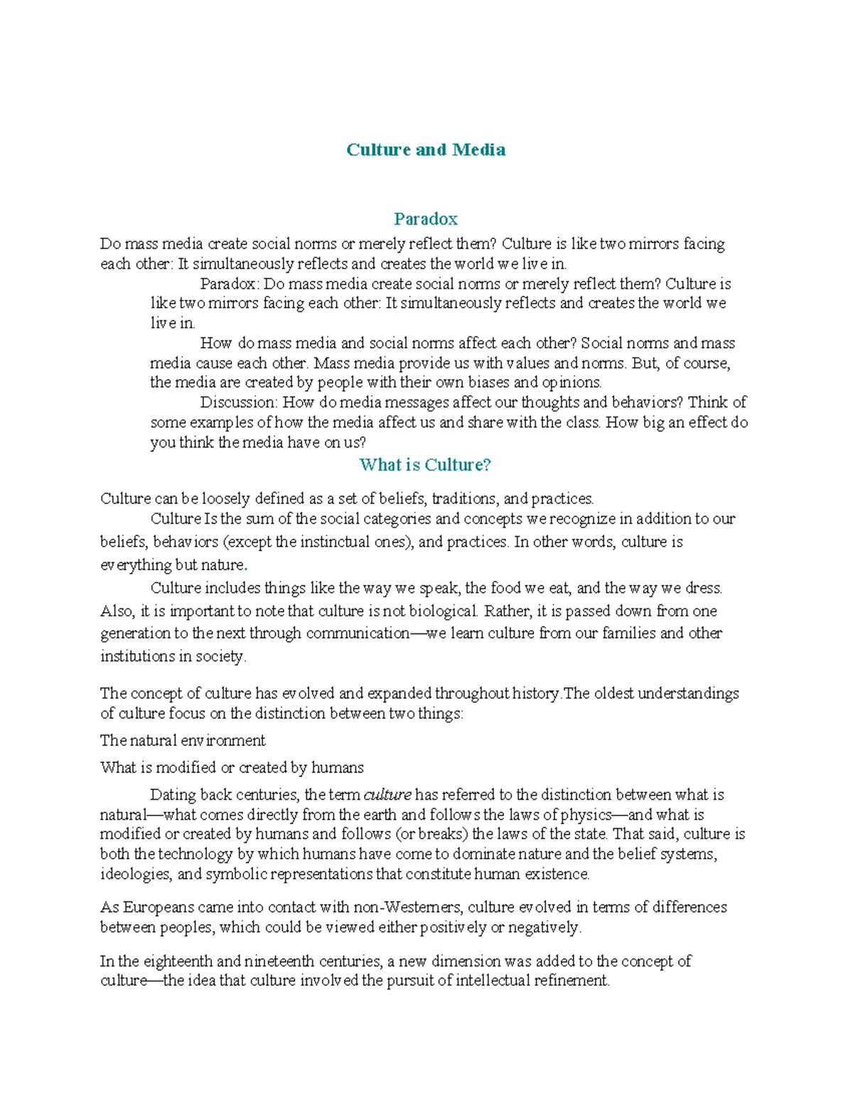 SOC Chapter 3 Notes - Culture and Media Paradox Do mass media create ...