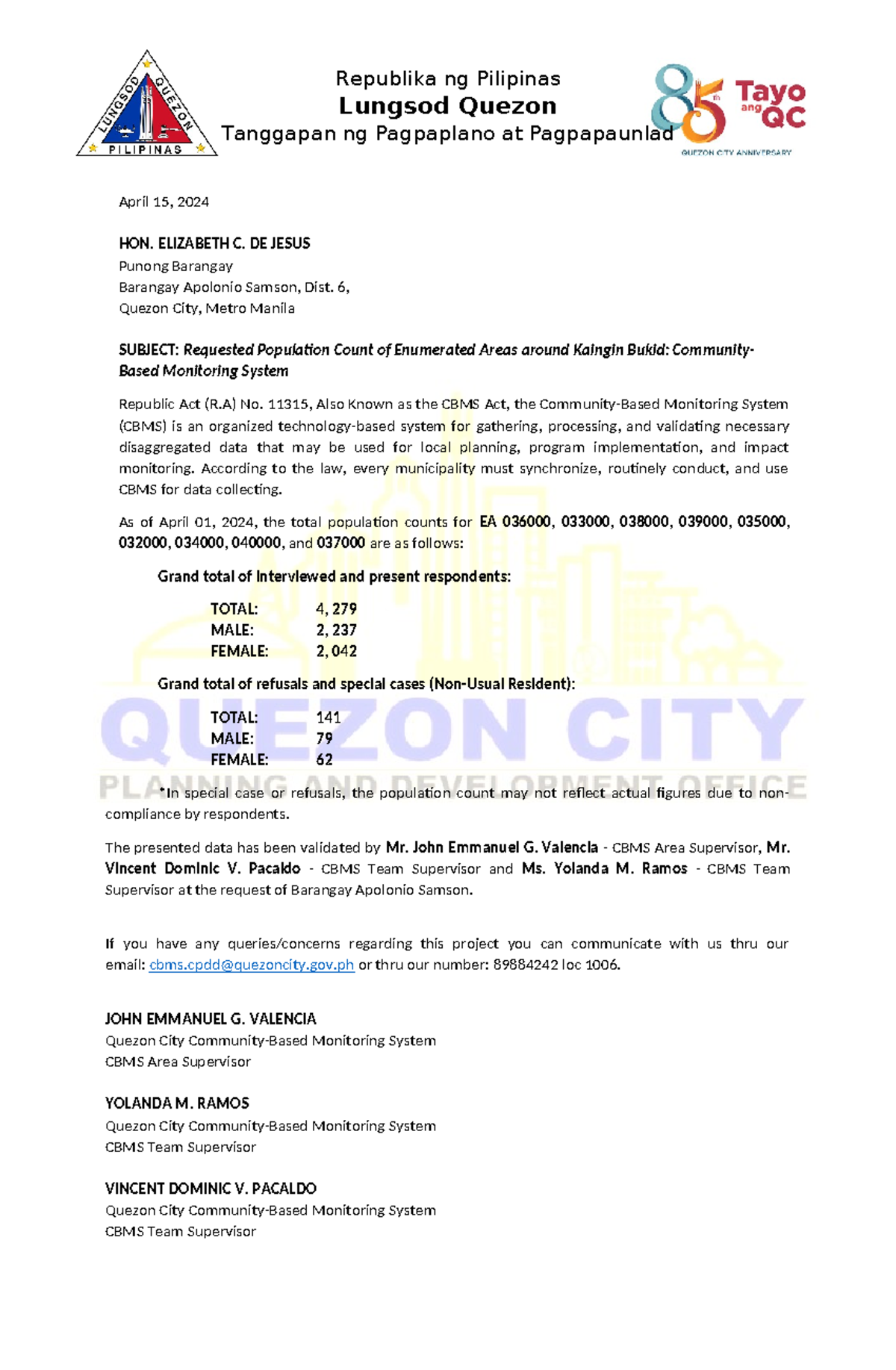 Population- Count Barangay- Apolonio- Samson Kaingin- Bukid - Republika ...