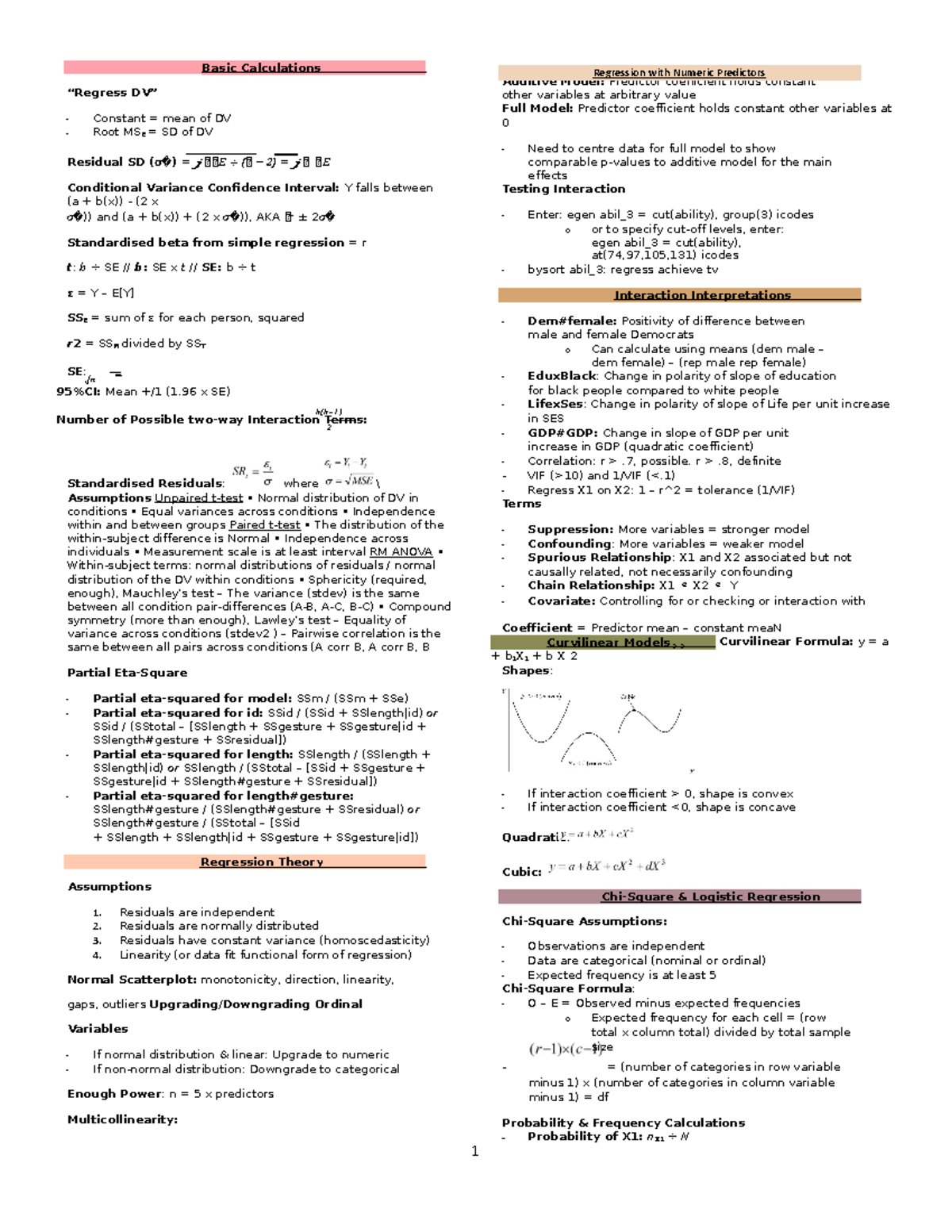Cheat sheet for exam - Basic Calculations “Regress DV” Constant = mean ...