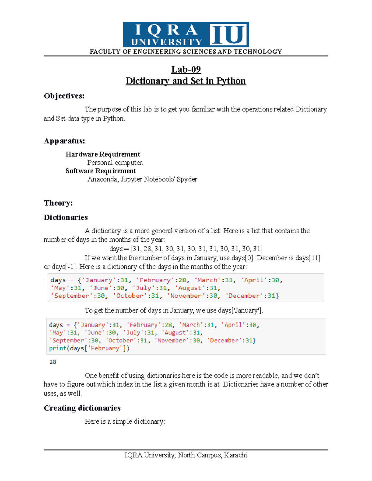 Lab#9 Artifical intelligenve - Lab- Dictionary and Set in Python Objectives: The purpose of this ...