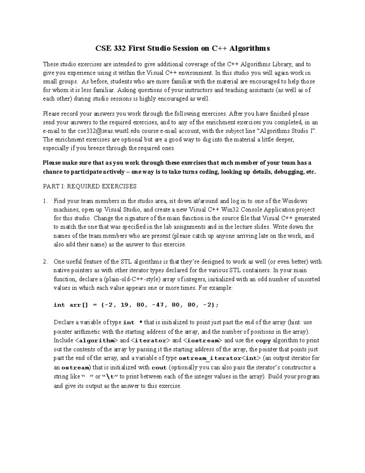 CSE332 2014-2015 Studio Exercises 10 - CSE 332 First Studio Session on Algorithms These studio ...