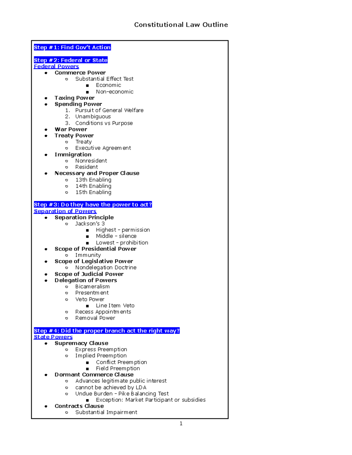 Constitutional Law Full Outline Constitutional Law Outline Step 1 Find Govt Action Step 2 