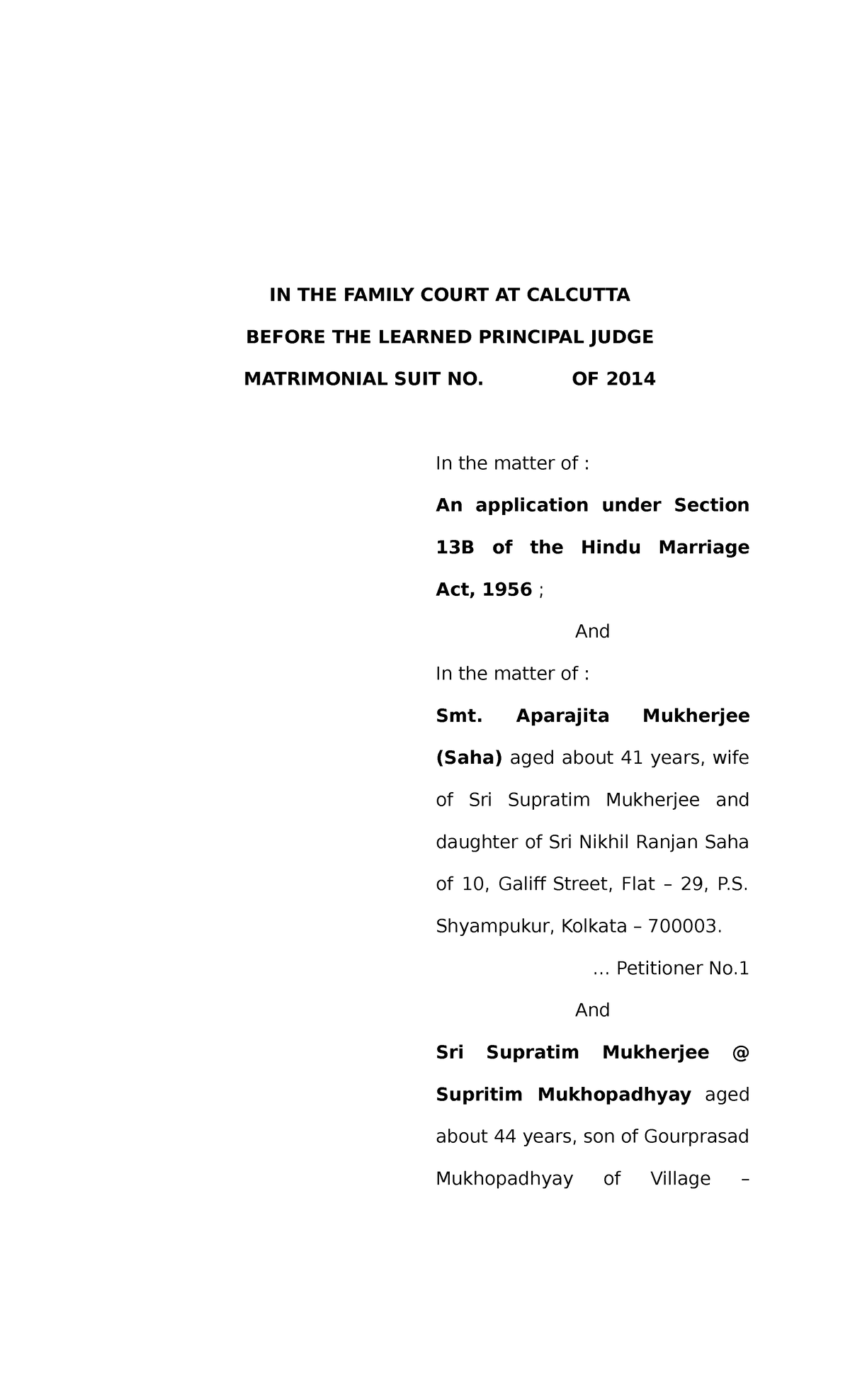 Aparajita Mukherjee (Section 13B Application) - IN THE FAMILY COURT AT ...