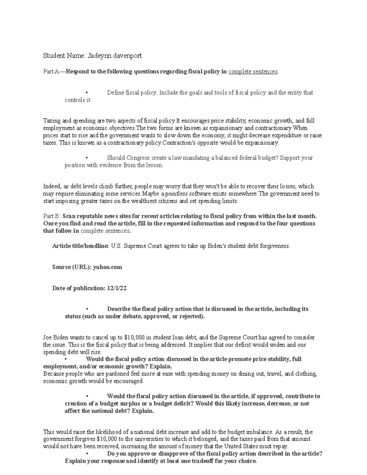 303 fiscal policy - module 3 assignment 3 written assignment - Student Name: Jadeynn davenport ...