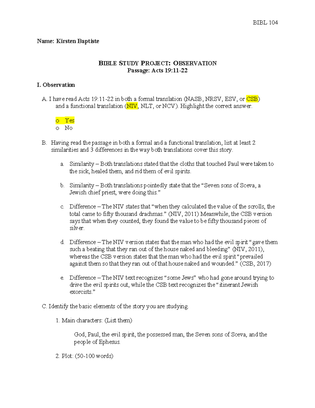 Bible Study Project Observation - Name: Kirsten Baptiste BIBLE STUDY ...