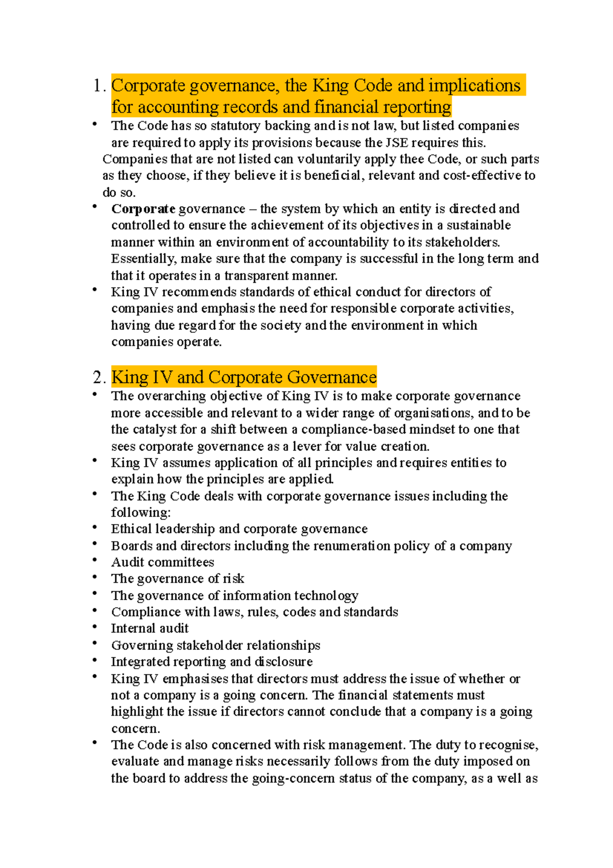 Corporate governance - Summary - 1. Corporate governance, the King Code ...