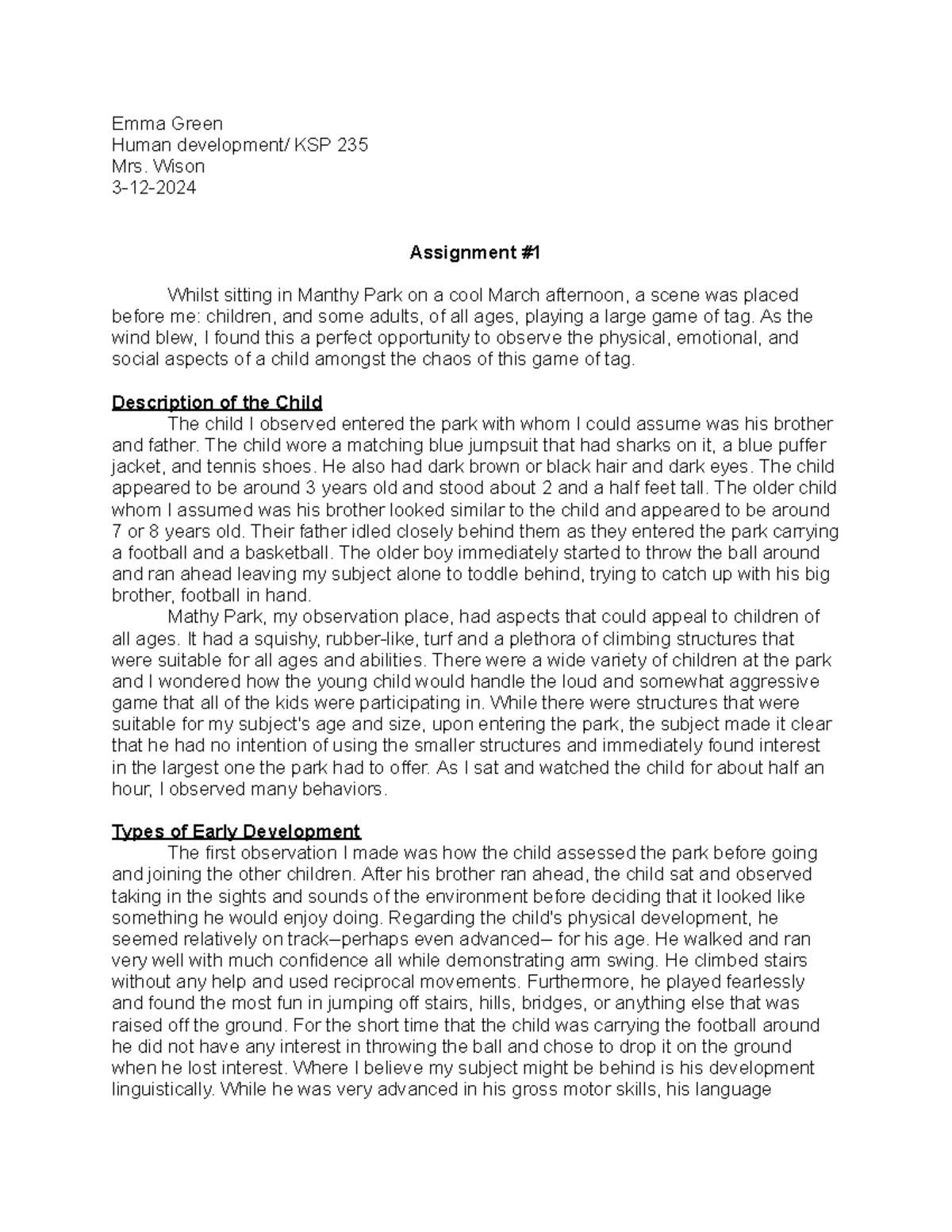 Human Development Assignment #1 - Emma Green Human development/ KSP 235 ...