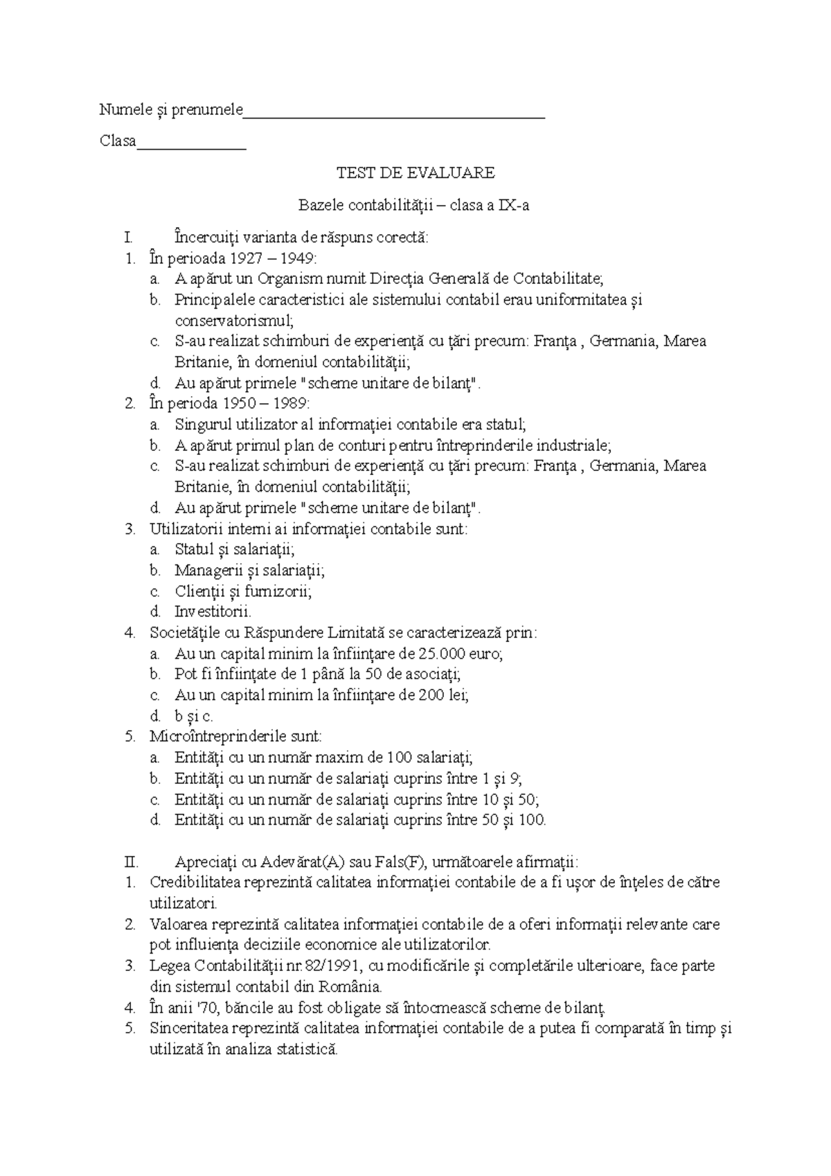 Test bazele contabilității - Numele și prenumele ...