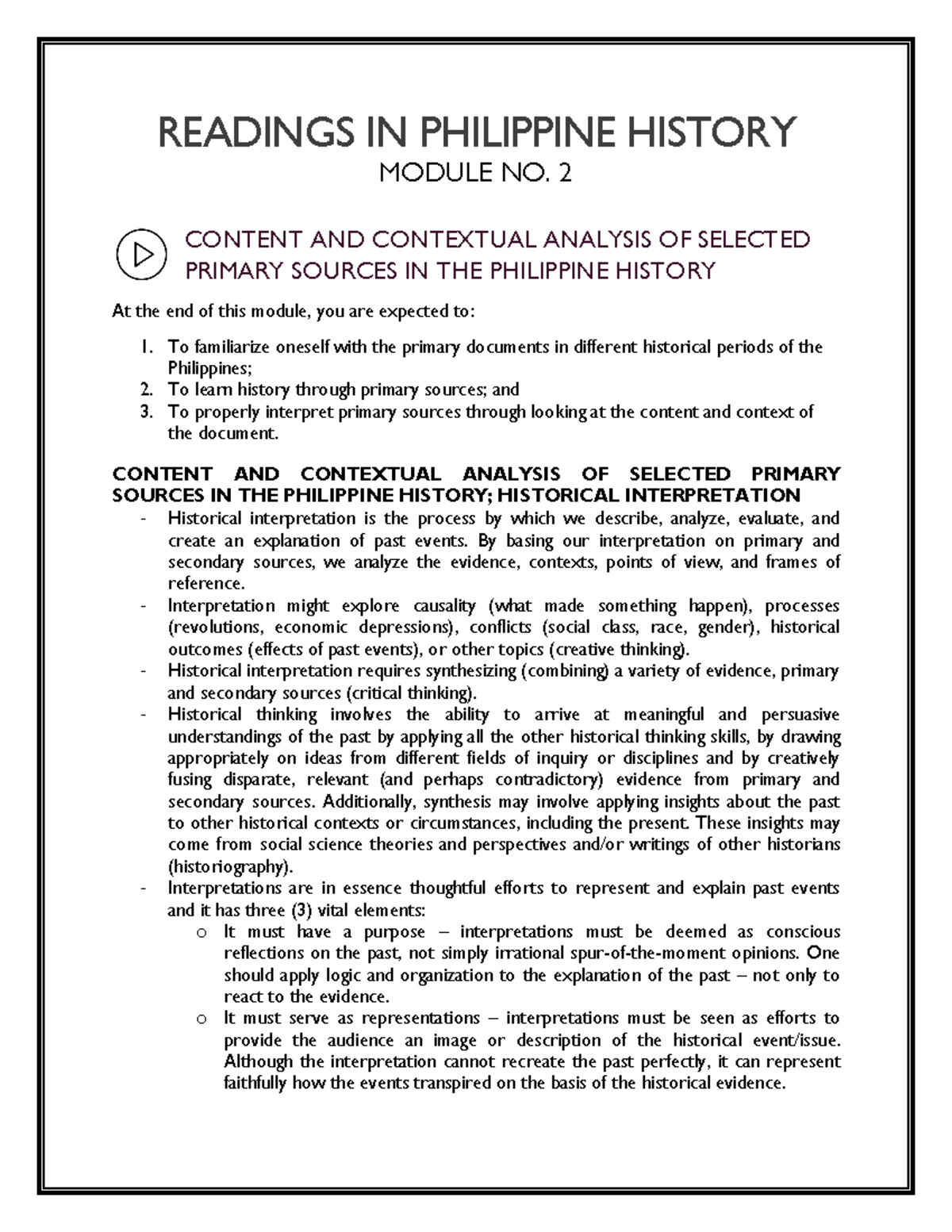 Module No - READINGS IN PHILIPPINE HISTORY MODULE NO. 2 CONTENT AND ...