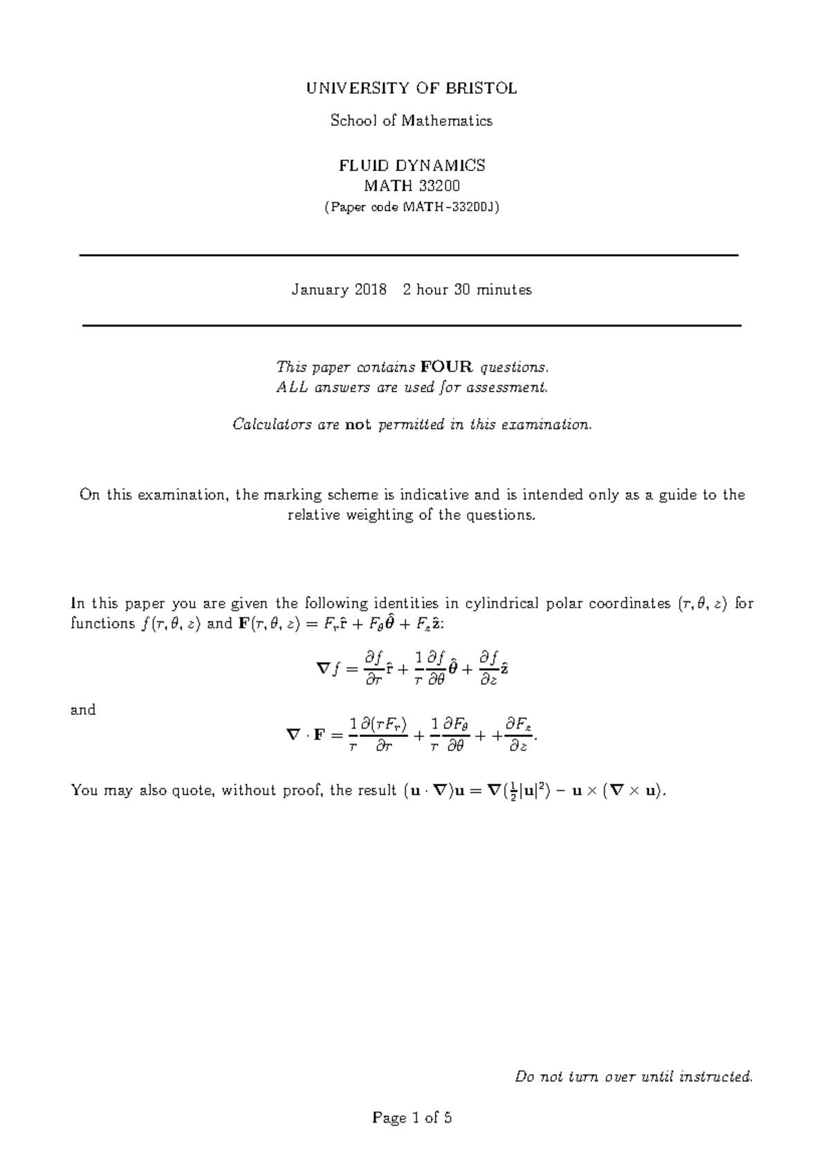 Fluid Dynamics Exam 2018 - UNIVERSITY OF BRISTOL School of Mathematics ...