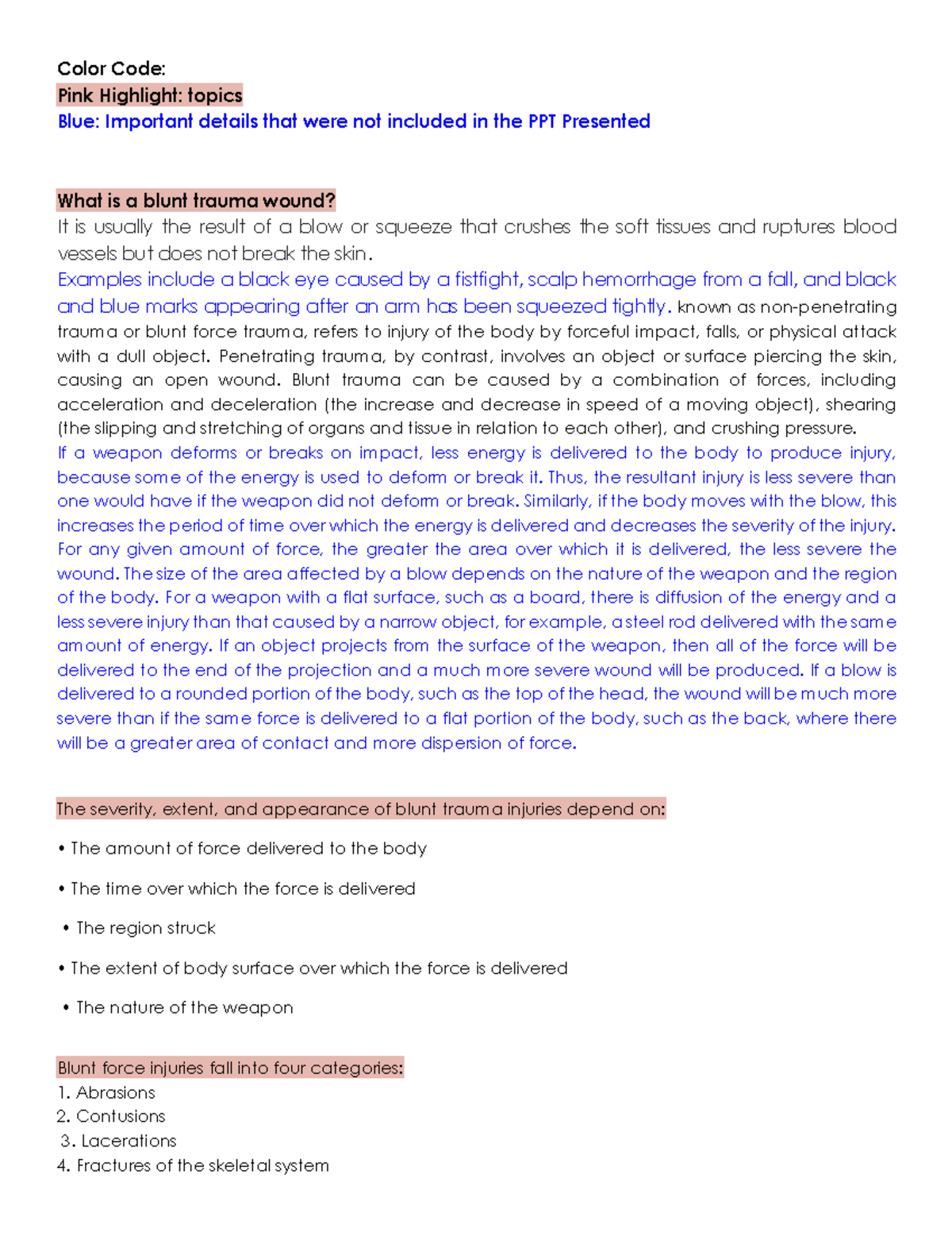 Blunt Force Trauma Wounds - Color Code: Pink Highlight: topics Blue ...