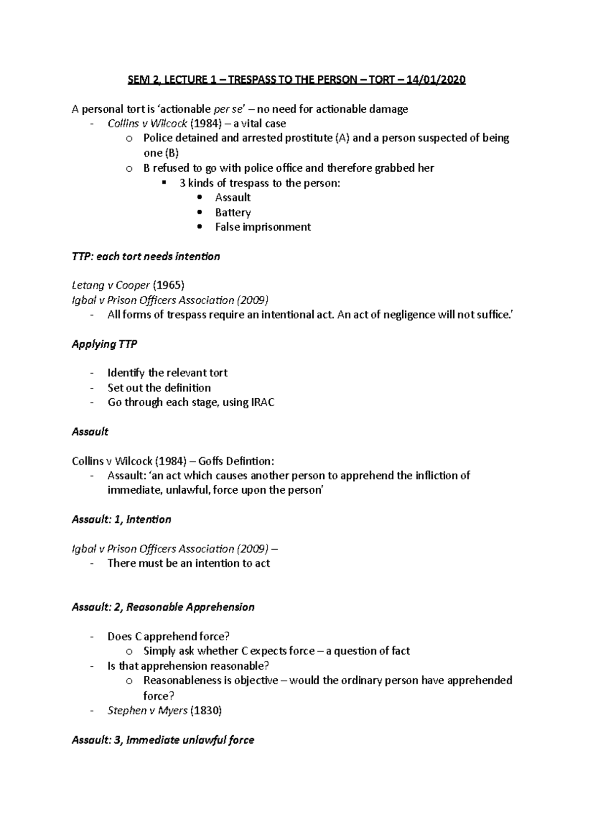 Tort - Trespass to the Person - SEM 2, LECTURE 1 – TRESPASS TO THE PERSON – TORT – 14/01/ A ...