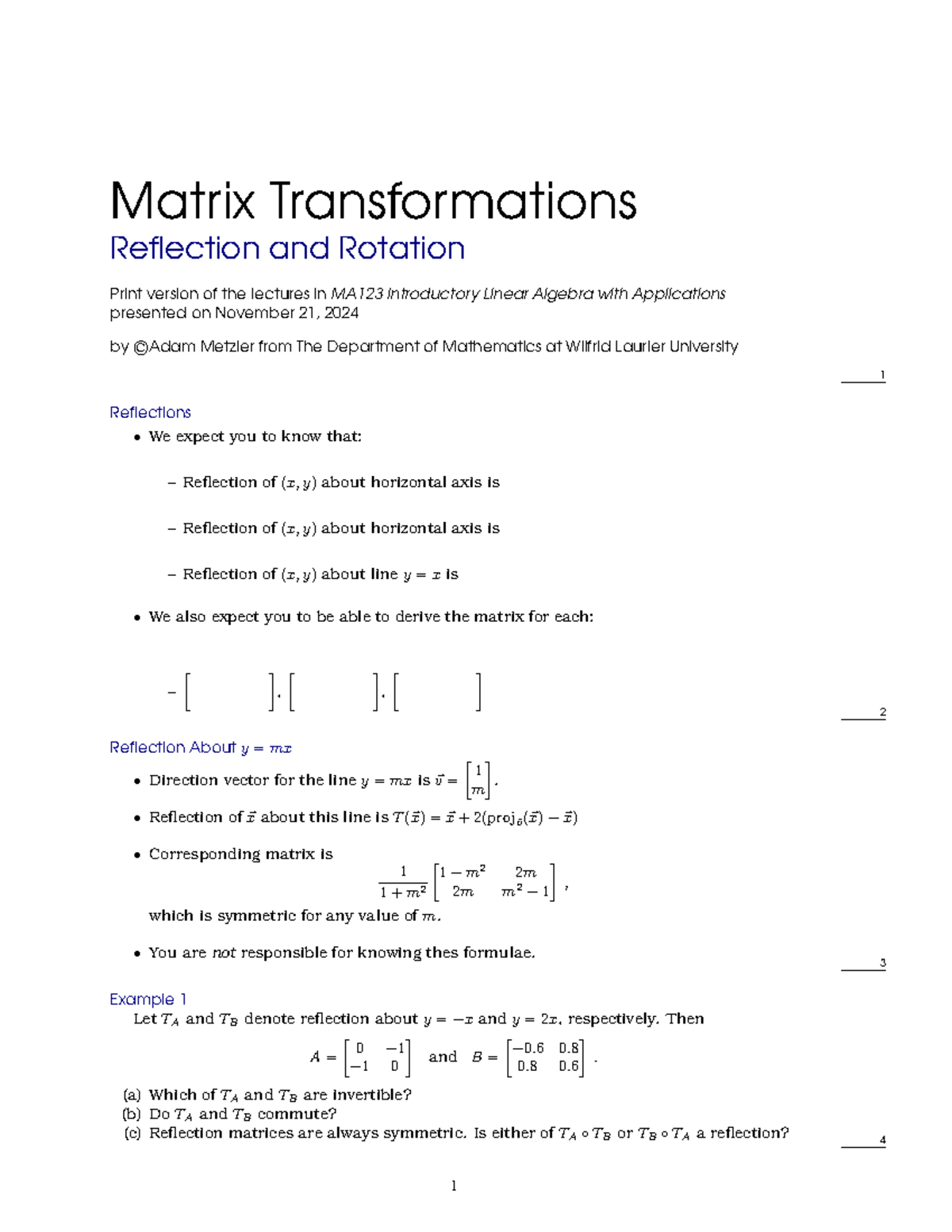 MA123 Rotation Reflection Notes - Matrix Transformations Reflection and ...