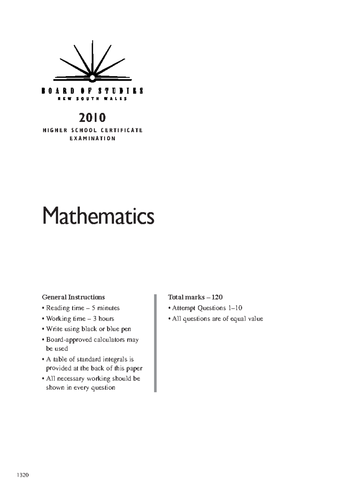 2010 hsc exam mathematics - 2010 H I G H E R S C H O O L C E R T I F I ...