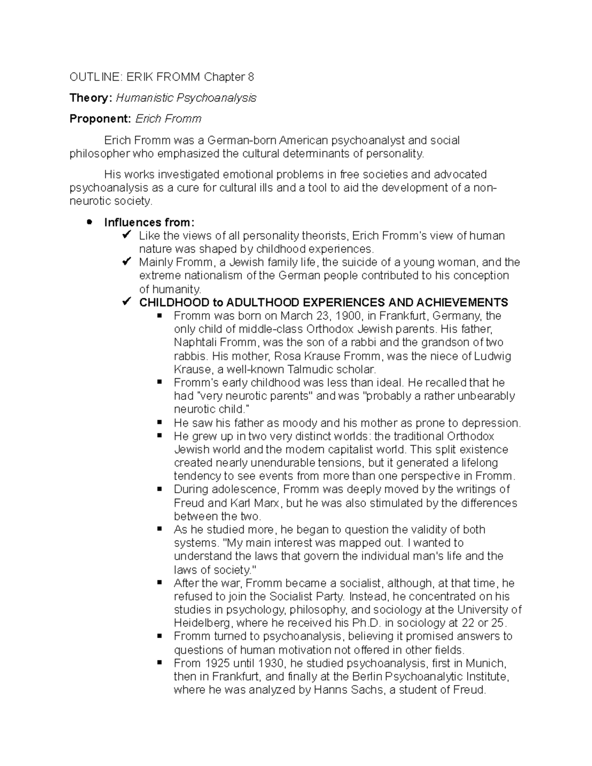 Outline chapter 8 Fromm - OUTLINE: ERIK FROMM Chapter 8 Theory ...