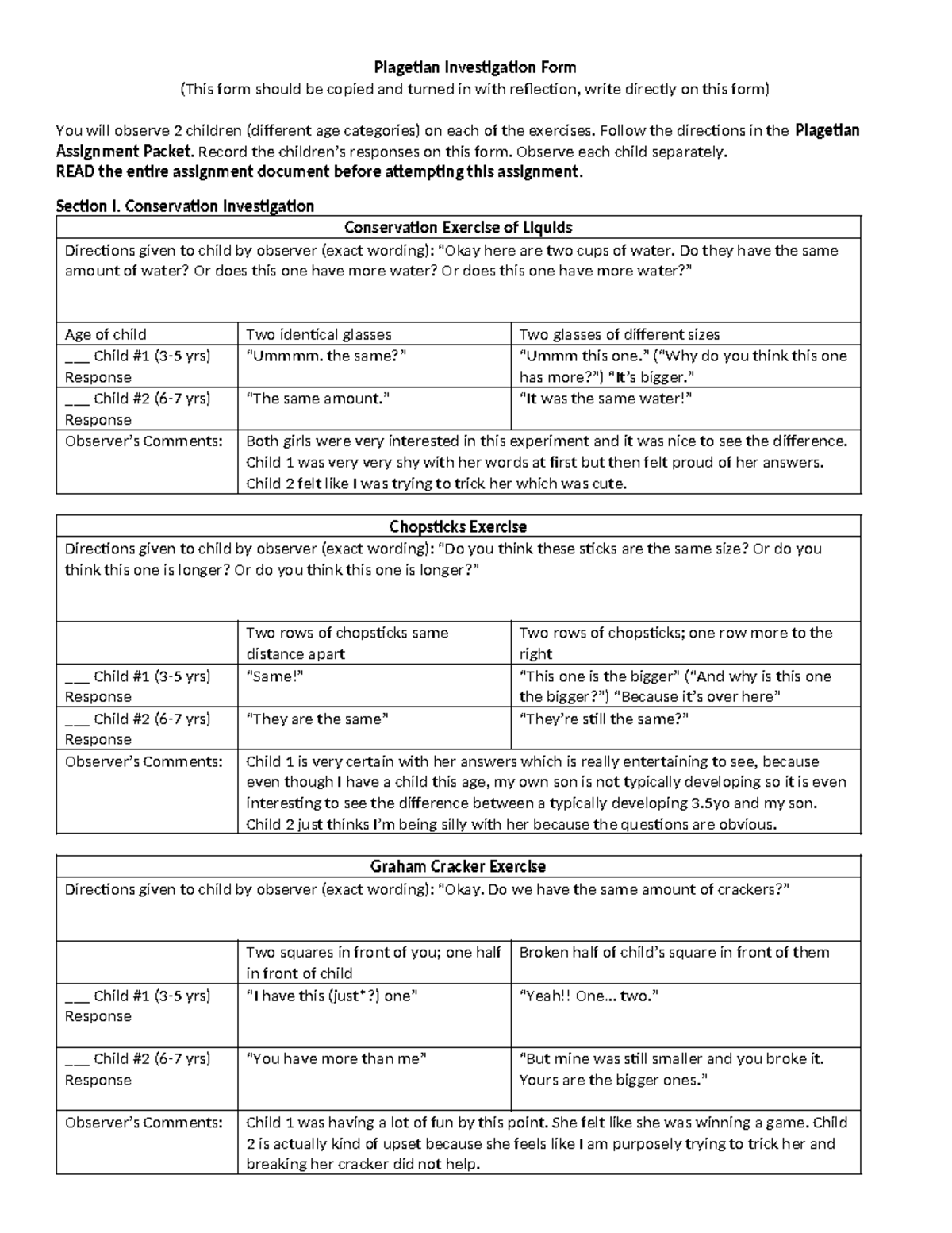 Piagetian Investigations Assignment Form - Piagetian Investigation Form (This form should be ...