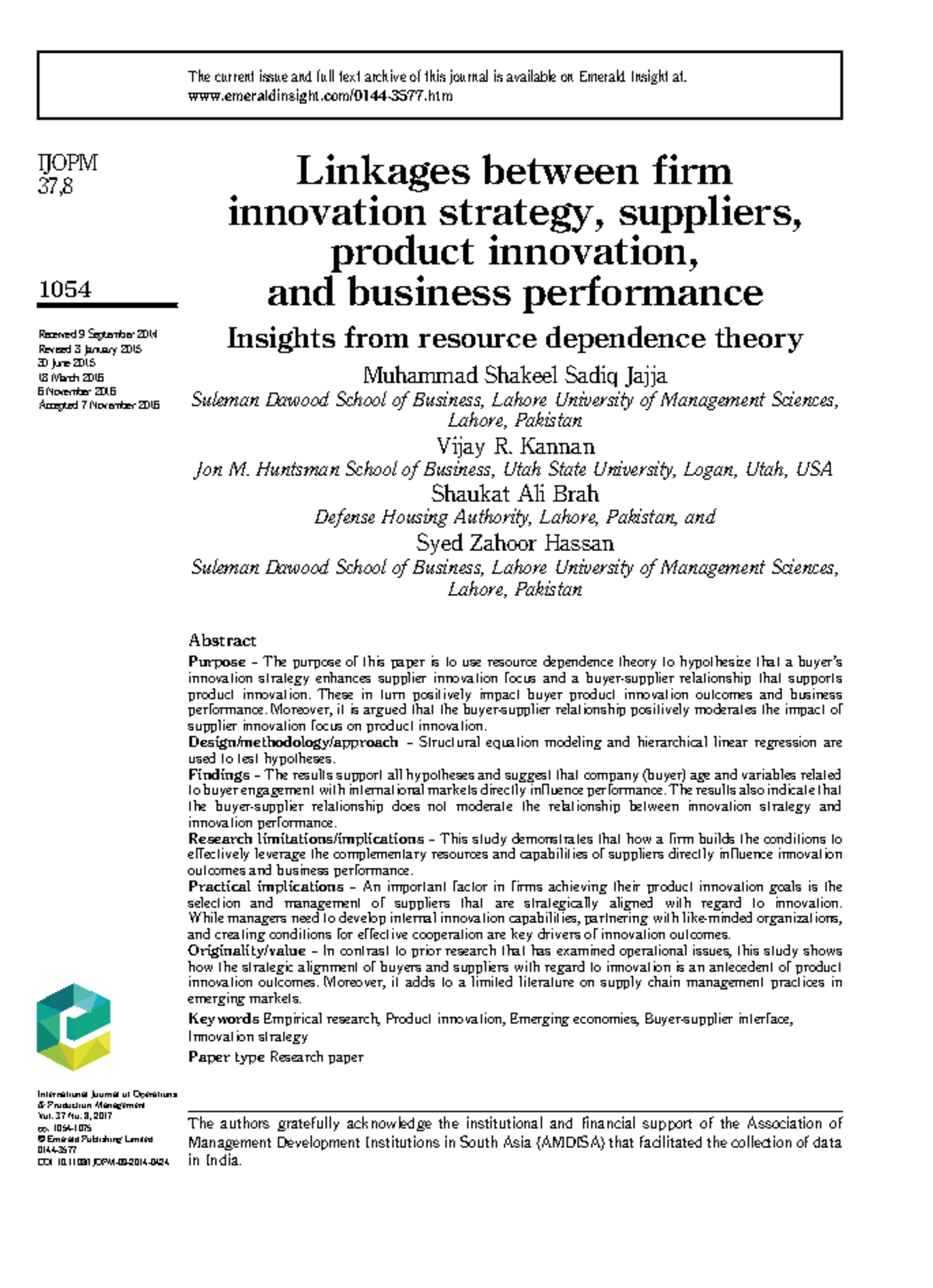 Linkages between firm innovation strategy, suppliers, product ...