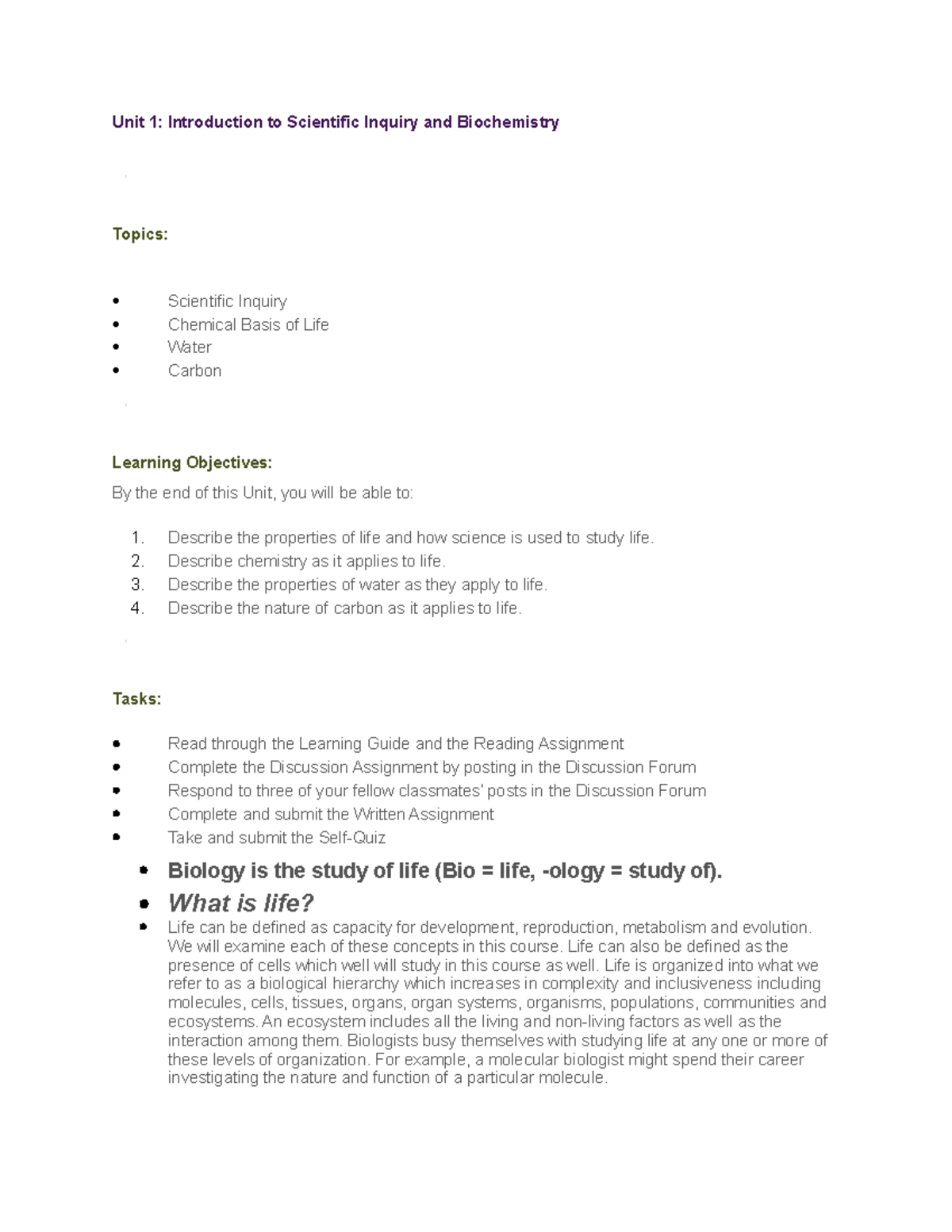 Introduction to Biology BIOL 1301 Unit 1 - Unit 1: Introduction to ...