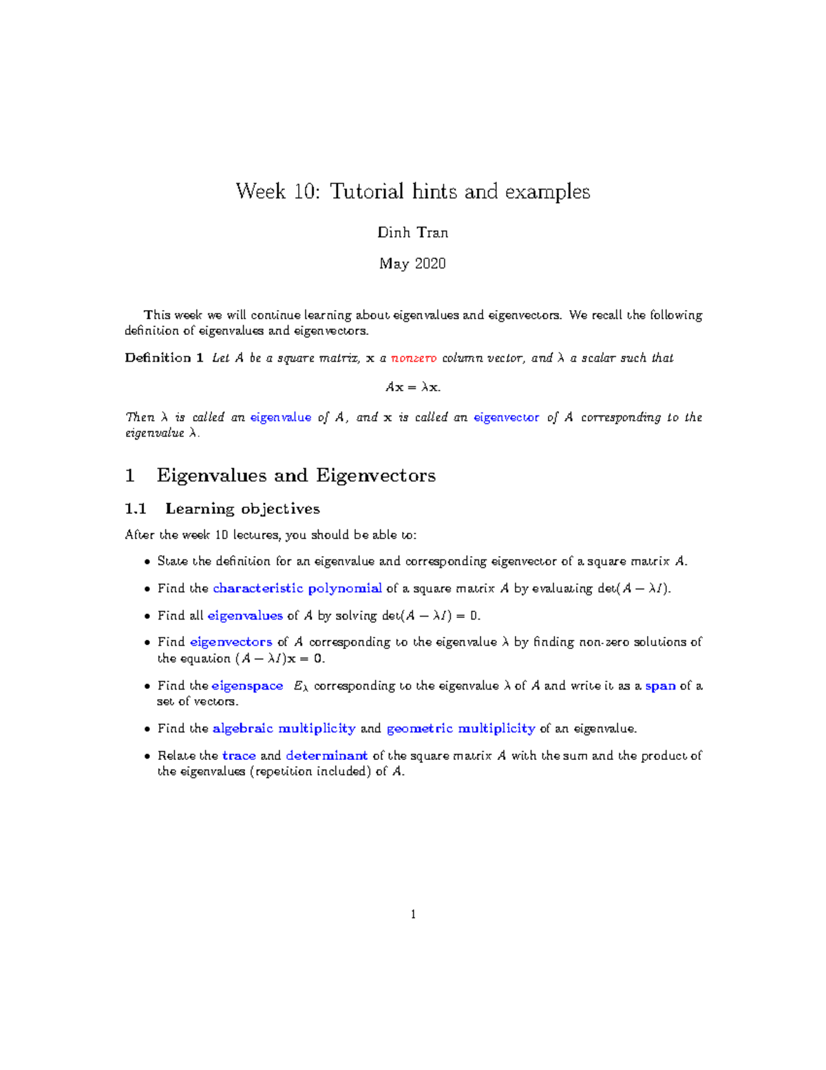 2023hints-10 - summary of week 10 - Week 10: Tutorial hints and examples Dinh Tran May 2020 This ...