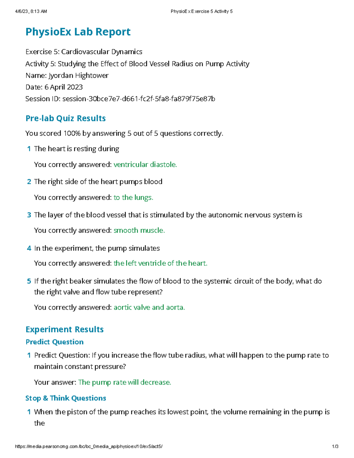 Cardiovascular Dynamics Physio Ex 5 - 4/6/23, 8:13 AM PhysioEx Exercise ...