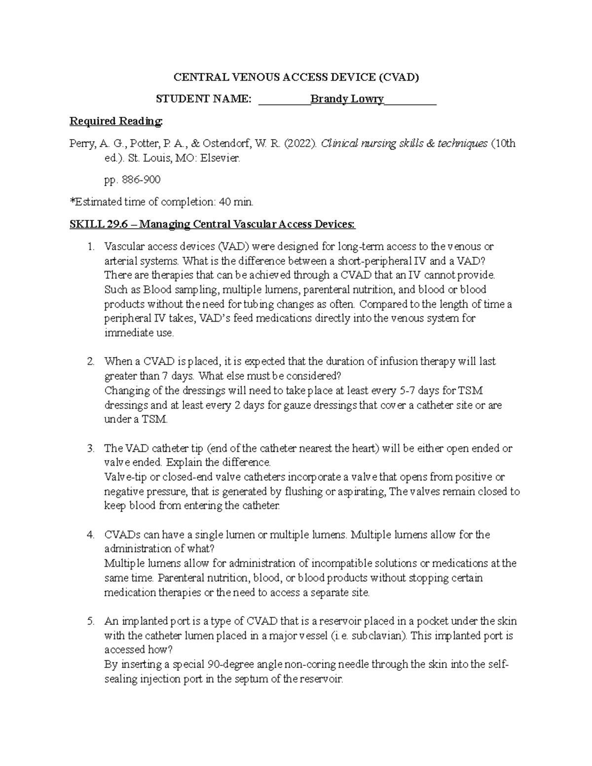 Prework - CVAD - LAB - CENTRAL VENOUS ACCESS DEVICE (CVAD) STUDENT NAME ...