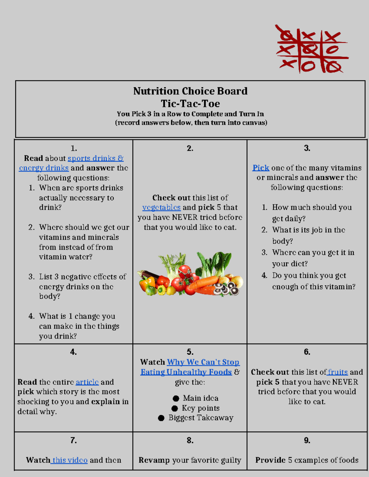 Copy of Nutrition Choice Board Tic-Tac-Toe - Nutrition Choice Board Tic ...