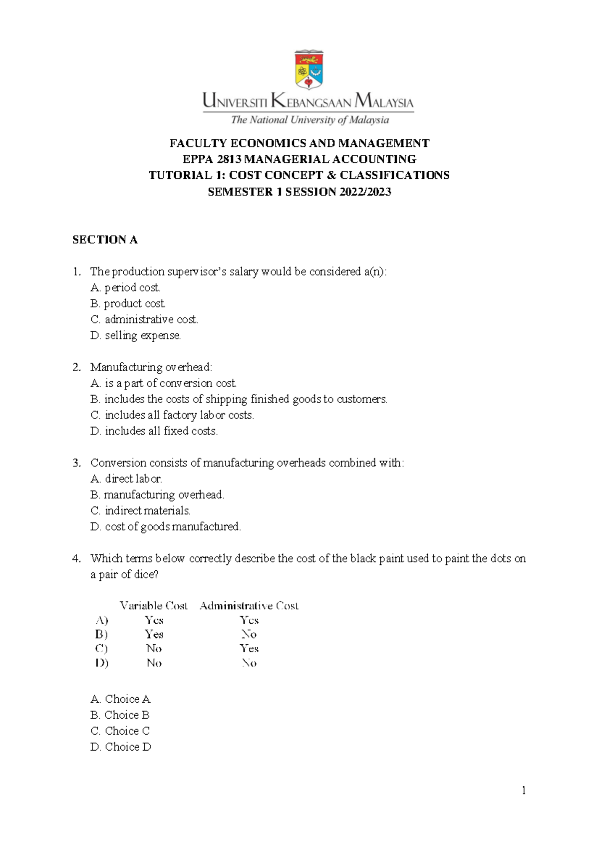 Exercise 2B - Concept - FACULTY ECONOMICS AND MANAGEMENT EPPA 2813 ...