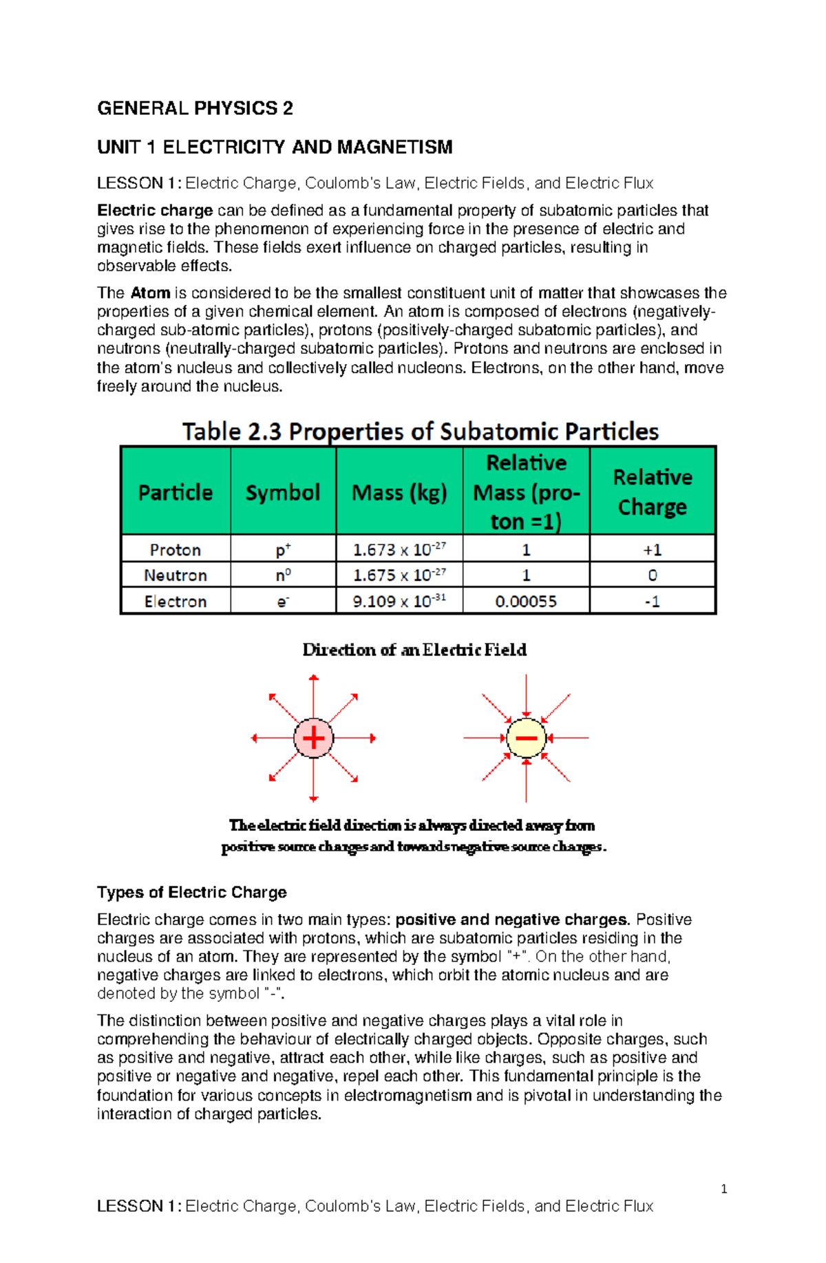 Lesson 1 - 1 GENERAL PHYSICS 2 UNIT 1 ELECTRICITY AND MAGNETISM LESSON 1: Electric Charge ...