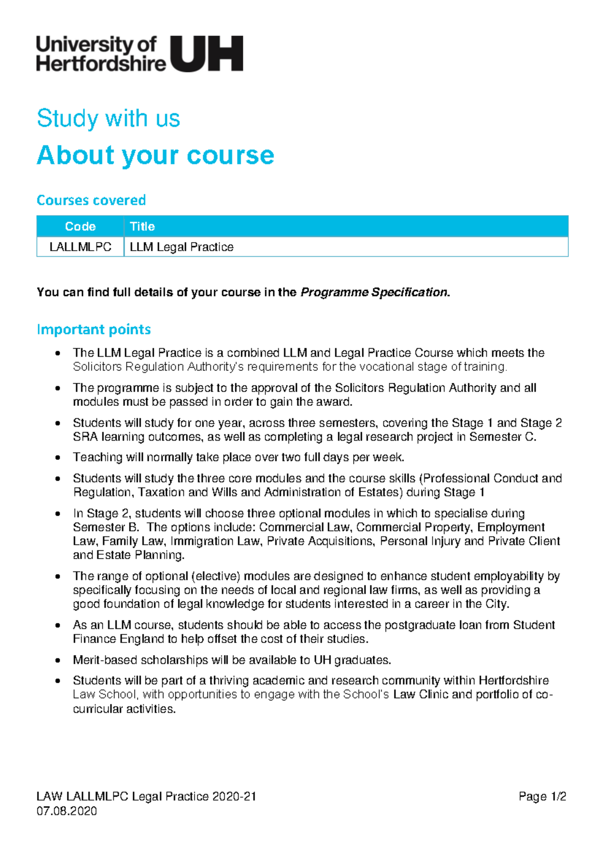 Course Fact Sheet - Study with us About your course LAW LALLMLPC Legal ...