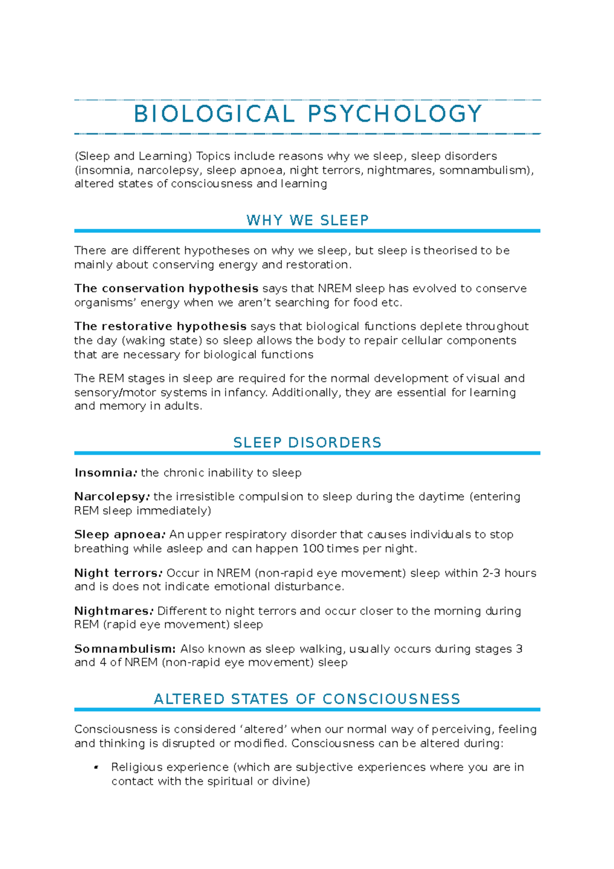 Biological Psychology 8 - B I O LO G I C A L P S YC H O LO GY (Sleep ...