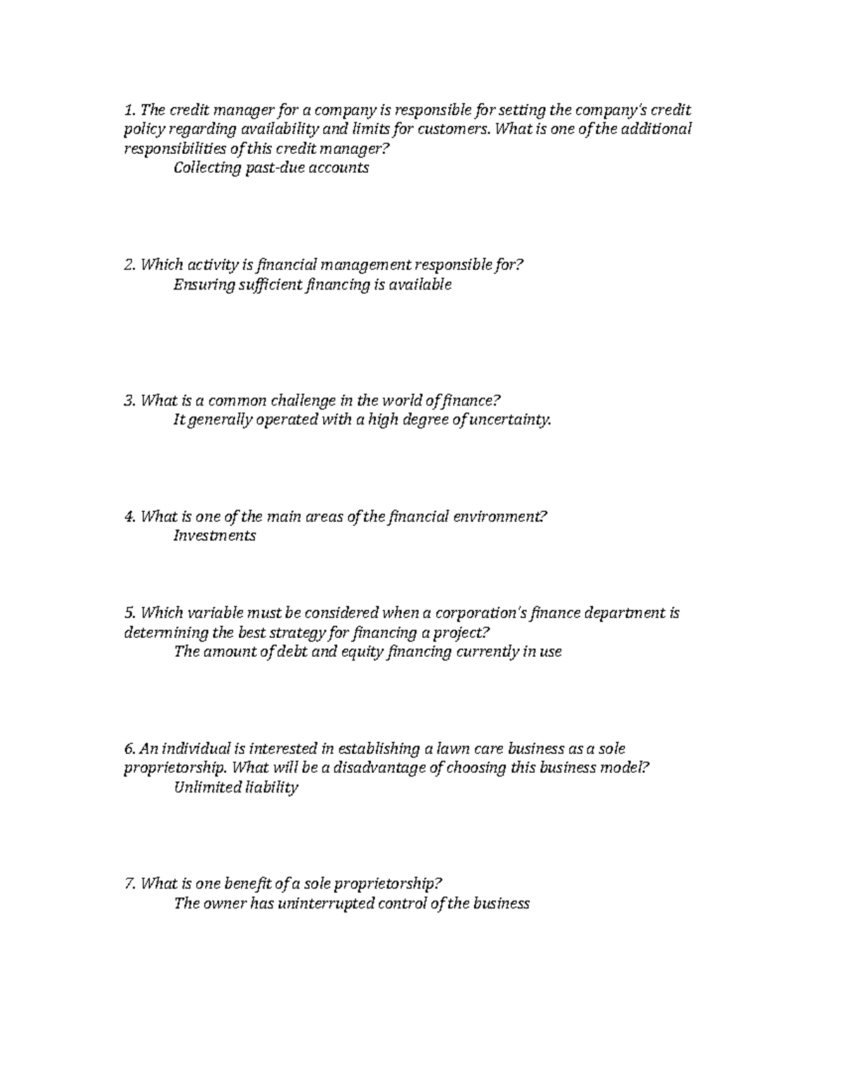 Principles of Finance Study Guide - The credit manager for a company is ...