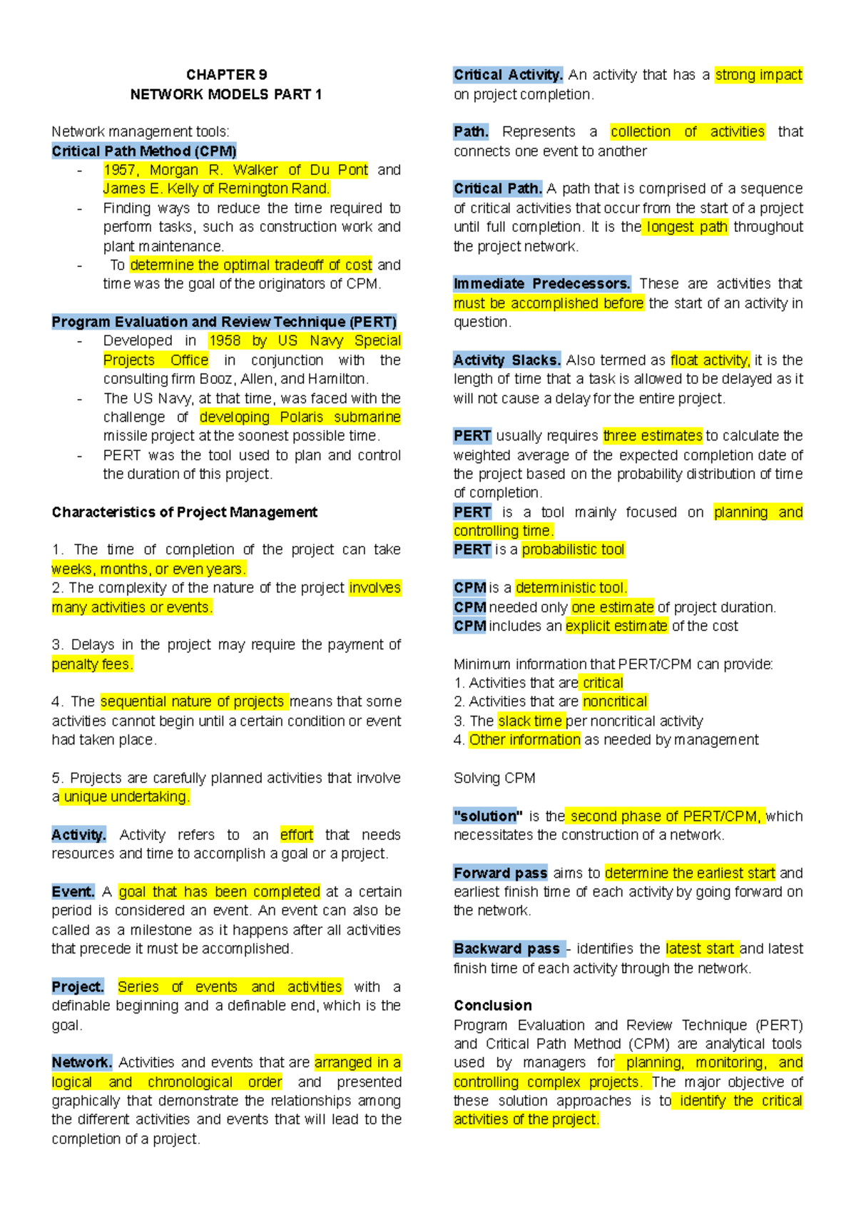 Management Science - Finals Reviewer - CHAPTER 9 NETWORK MODELS PART 1 Network management tools ...