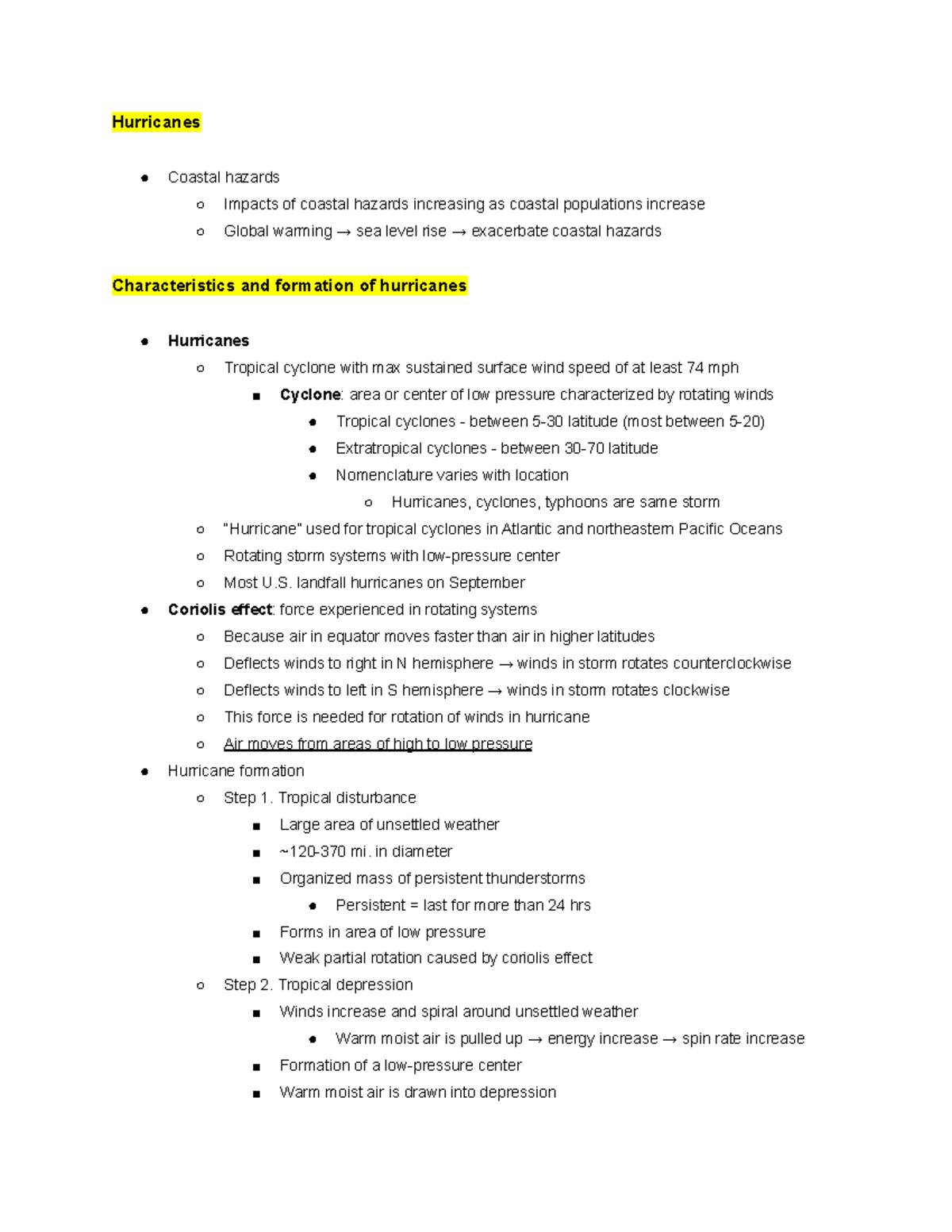 GEOL 103 Hurricane Notes - Hurricanes Coastal hazards Impacts of ...