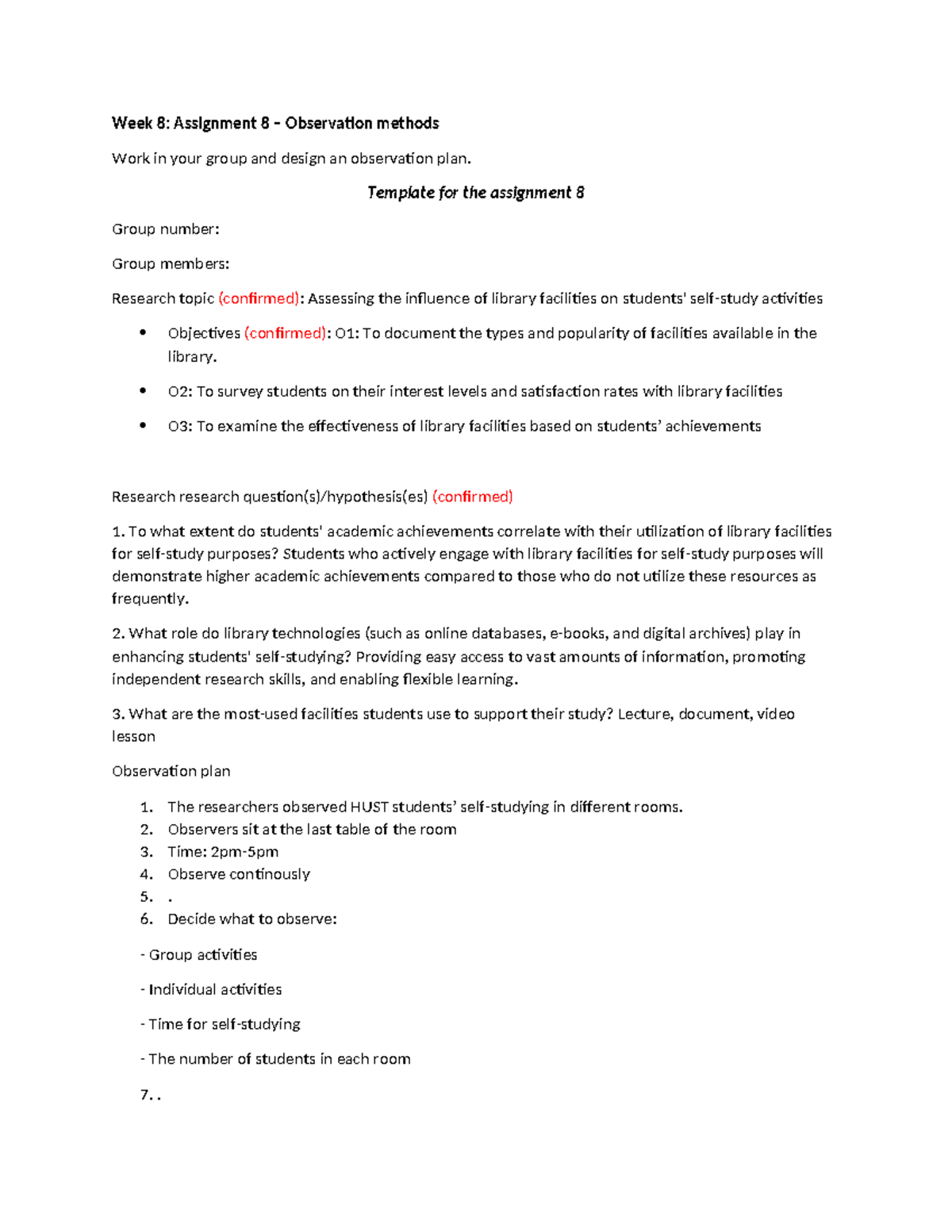 Week-8-assignment - hjghj - Week 8: Assignment 8 – Observation methods Work in your group and ...